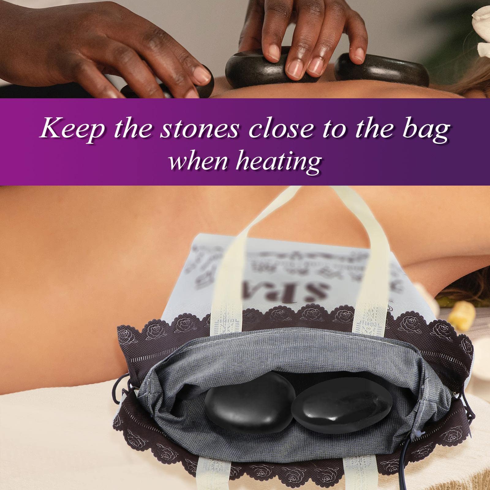 Prettyia Electric Hot Stone Heater, SPA Massage Hot Stone Warmer Heating Bag for Body Relax, Holds 16 Pcs Rock Stone