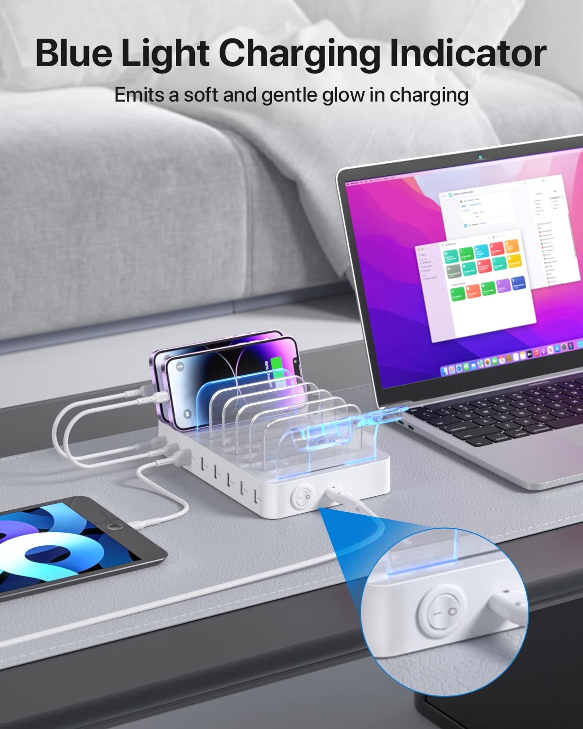 SooPii 8-Port USB-C Charging Station for Multiple Devices, with 1 PD 20W Port Supports Fast Charging, 8pcs Mixed Charging Cables and 1pcs Upgraded Holder for lWatch Charger & Air-Pods, White