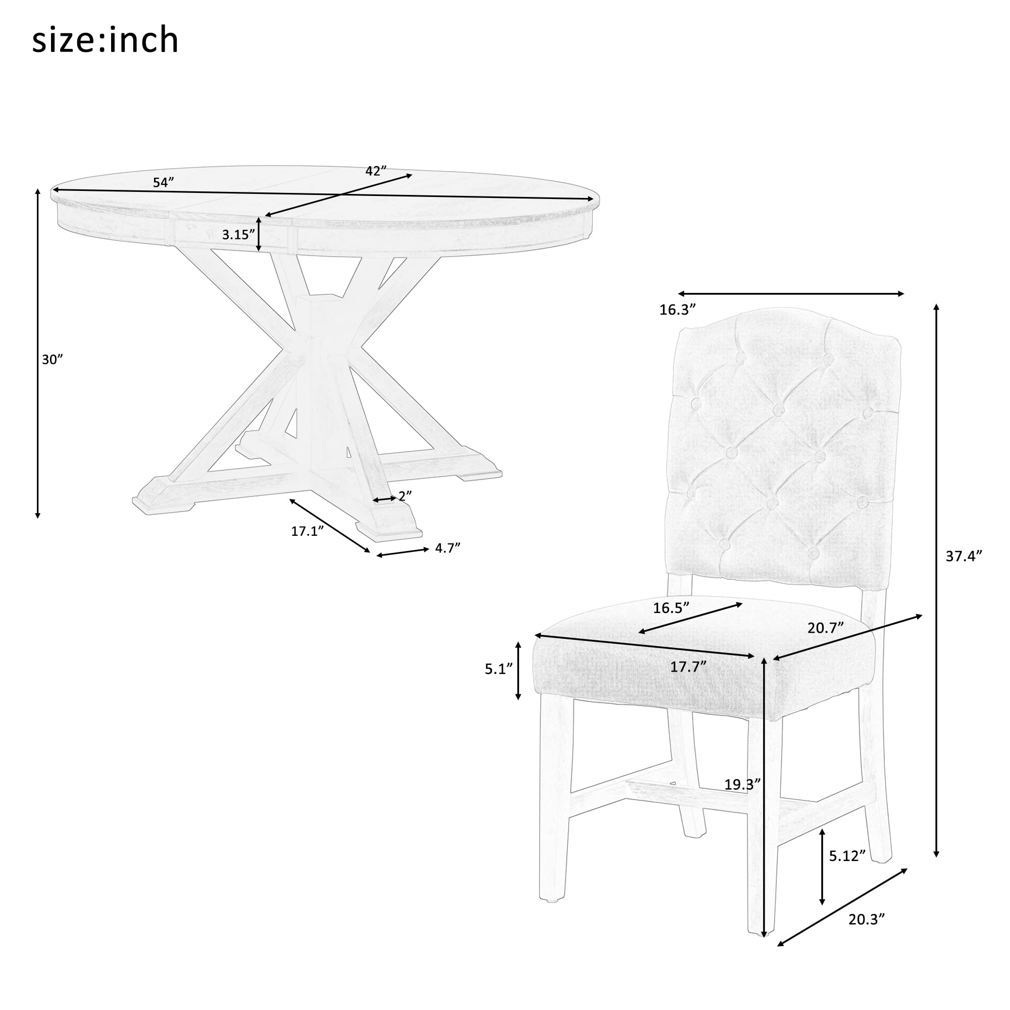 POCIYIHOME Piece Functional Furniture Extendable 4 Upholstered Chairs, Retro Style Circle Dining Table Set for Restaurant, Kitchen (Oak Natural Wood + Off White)