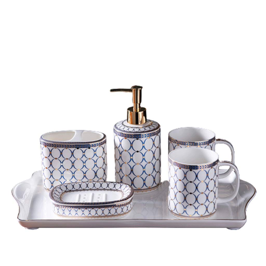 Shower Pump Soap Dispenser, 6 Piece Bathroom Sink Set,Toothbrush Holder, Tooth Glass X 2, Soap Dish, Soap Dispenser,Tray (Color : Blue Circles) (Blue Circles)
