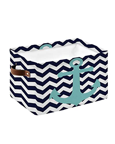 Storage Bins Large Storage Basket,Teal Anchor Black White Stripe Ripple Collapsible Storage Bins with Handle,Nautical Theme Line Art Storage Baskets Cube Organizer for Shelves Closet Nursery 1PC