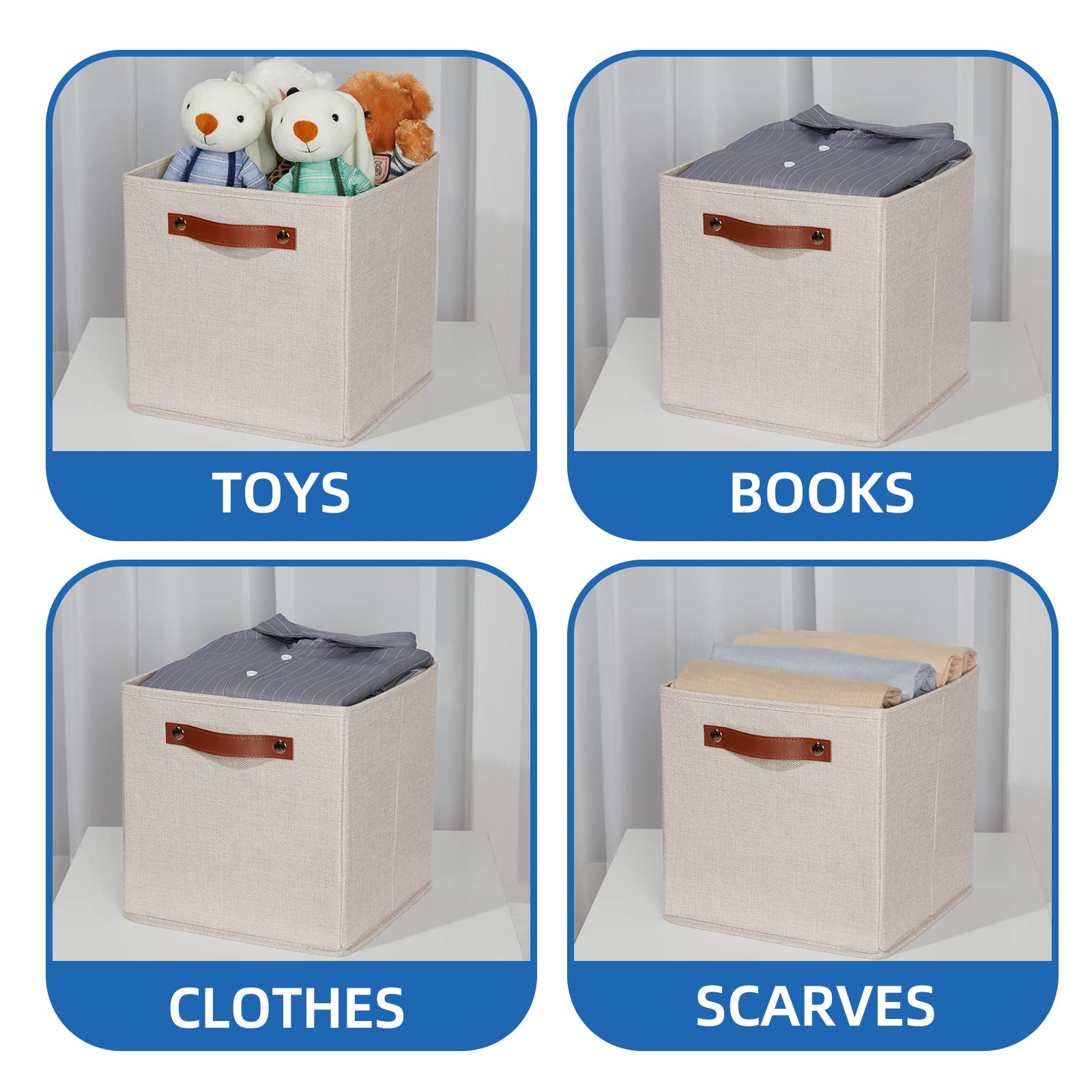 Temary 11x11 Storage Cubes Fabric Storage Cubes Storage Bins with Dual Leather Handles Canvas Storage Boxes for Organizing Home, Office, Nursery, Shelf, Closet (Beige, 11 x 11 x 11)