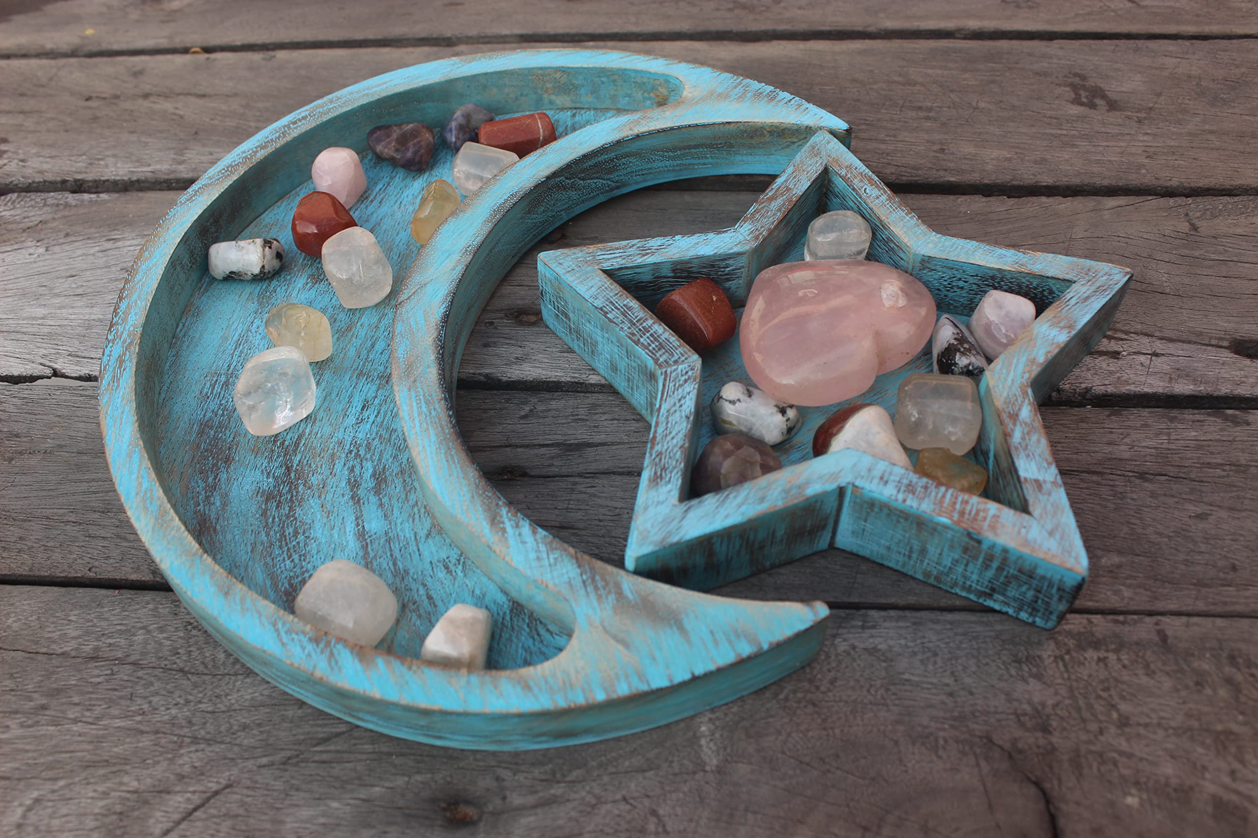 T one woods Rock Collection Tray | Wooden Crystal Display | Crystal Holder | Crystal Display Shelf | Crystal and Healing Tray | Crystal Display Tray (Sky Blue)