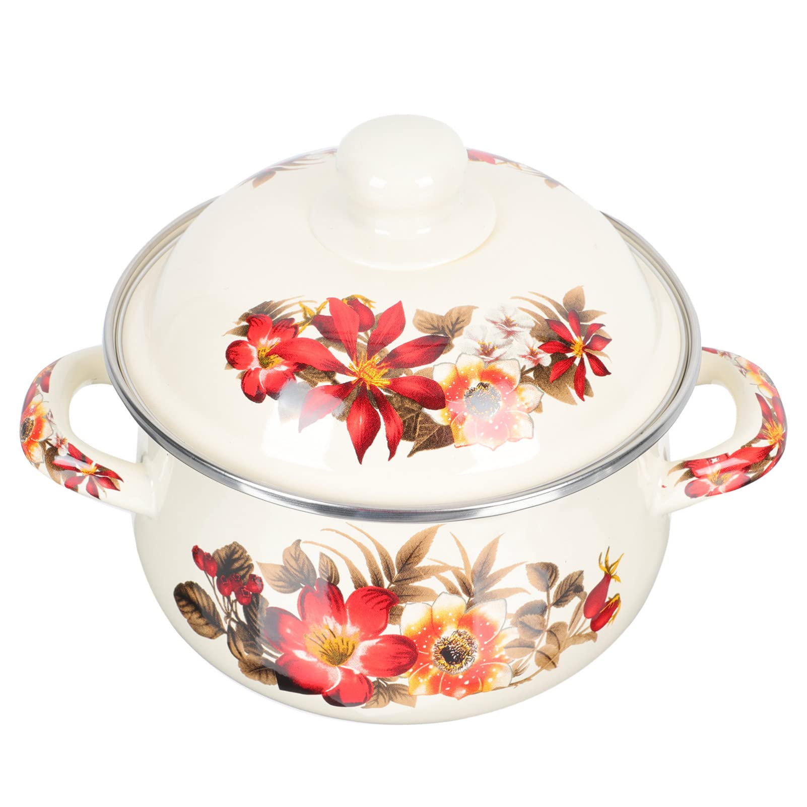 YARNOW Retro Flower Enamel Stew Stockpot-Random Pattern- Non- Stick Ceramic Coated Low Stockpot Stew Pot with Lid 16cm Quart Stockpots Soup Casserole Pasta Milk Sauce Pot for Home Kitchen Cooking