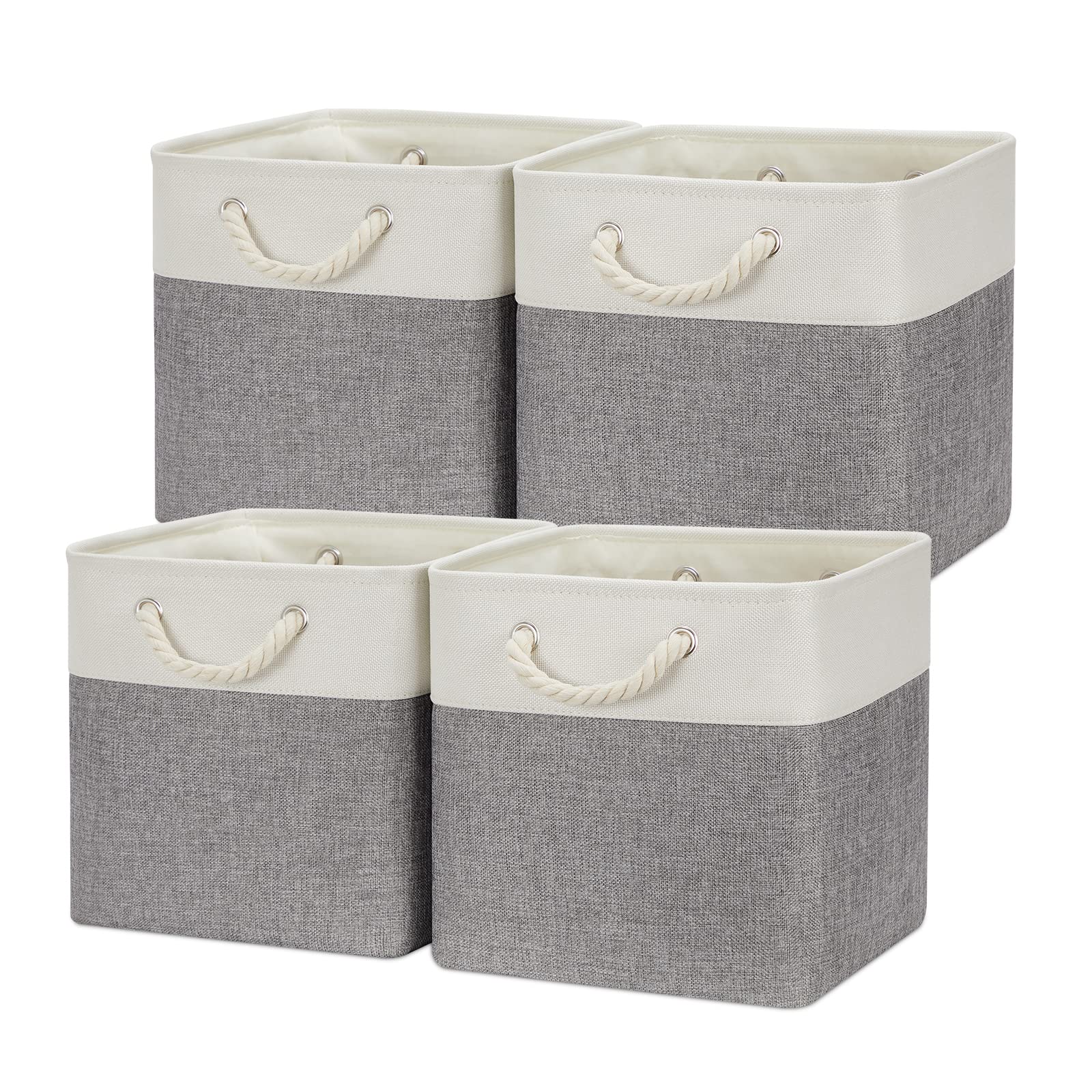 Temary Fabric Baskets Storage 12 Inch Storage Cubes Storage Baskets with Handle, Clothes Baskets for Gift, Large Baskets for Storage Toys, Books, Blankets (White&Gray)