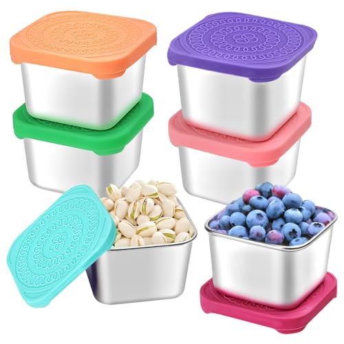 SEUOX 6Pack 6oz Stainless Steel Snack Containers for Kids, Easy Open Leak Proof Metal Toddler Snack Containers with Silicone Lids, Stackable Metal Toddler Lunch Box for Daycare, School and Travel