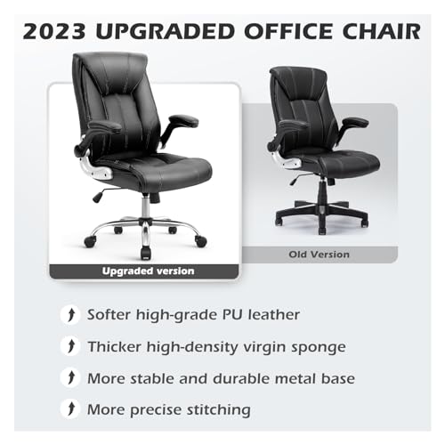 SEATZONE Ergonomic Office Chair, High Back PU Leather Comfortable Desk Chair with Flip-up Armrests, Computer Chair for Adults, Black