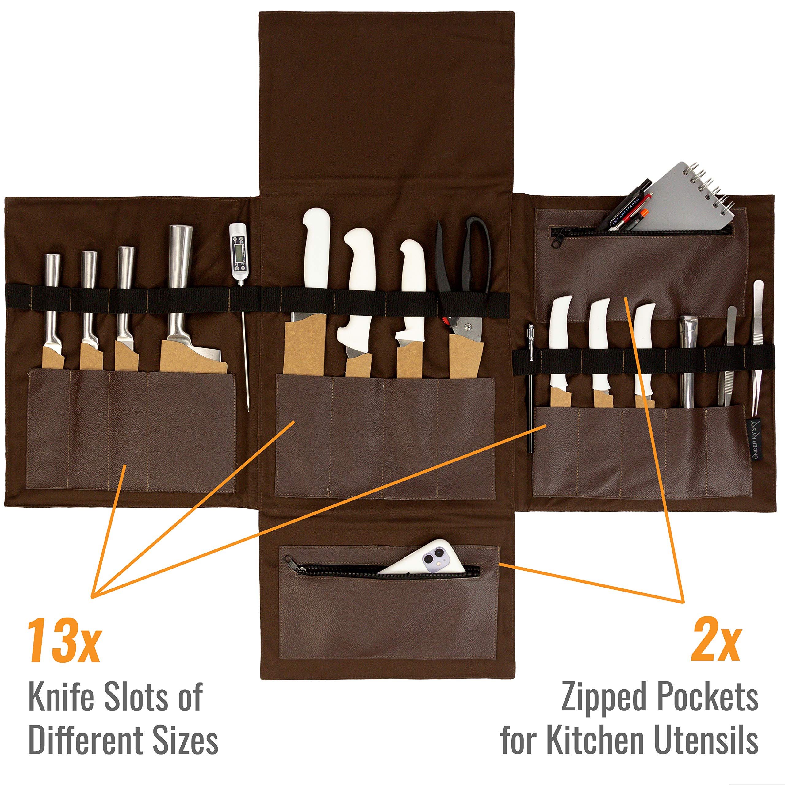 Under NY Sky Knife Bag - Brown Real Leather - 13 Knife Slots, 2 Zipped Pockets for Kitchen Utensils, Large Pocket for Tablets & Notebooks - Expandable - Tool Storage Bag Style for Chefs, Cooks, BBQ