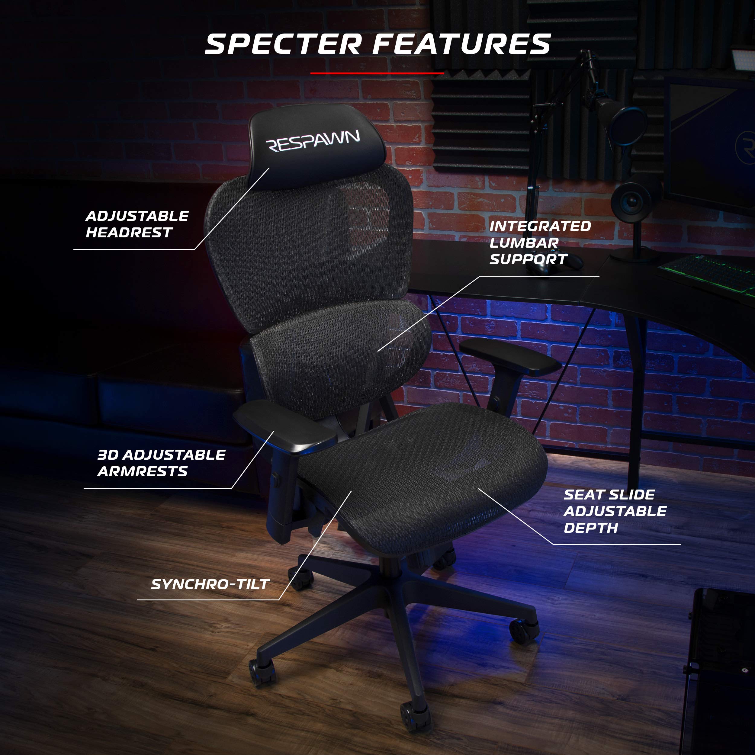 RESPAWN Specter Full Mesh Ergonomic Gaming Chair, Black