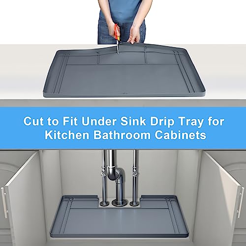Under Sink Mats for Kitchen Waterproof, 34" X 22" Or Smaller Cut to Fit Under Sink Drip Tray for Kitchen Bathroom Cabinets, Silicone Sink Liner Hold Up to 3.3 Gallons Liquid - Dark Grey