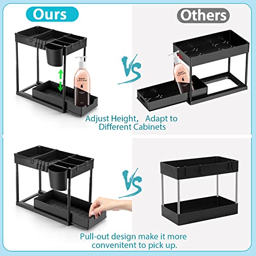 Under Sink Organizers and Storage, Adjustable Height Sliding Drawer 2 Tier Cabinet Organizer with Pull Out Drawer/Hook/Cup/Dividers for Bathroom Kitchen (Black)