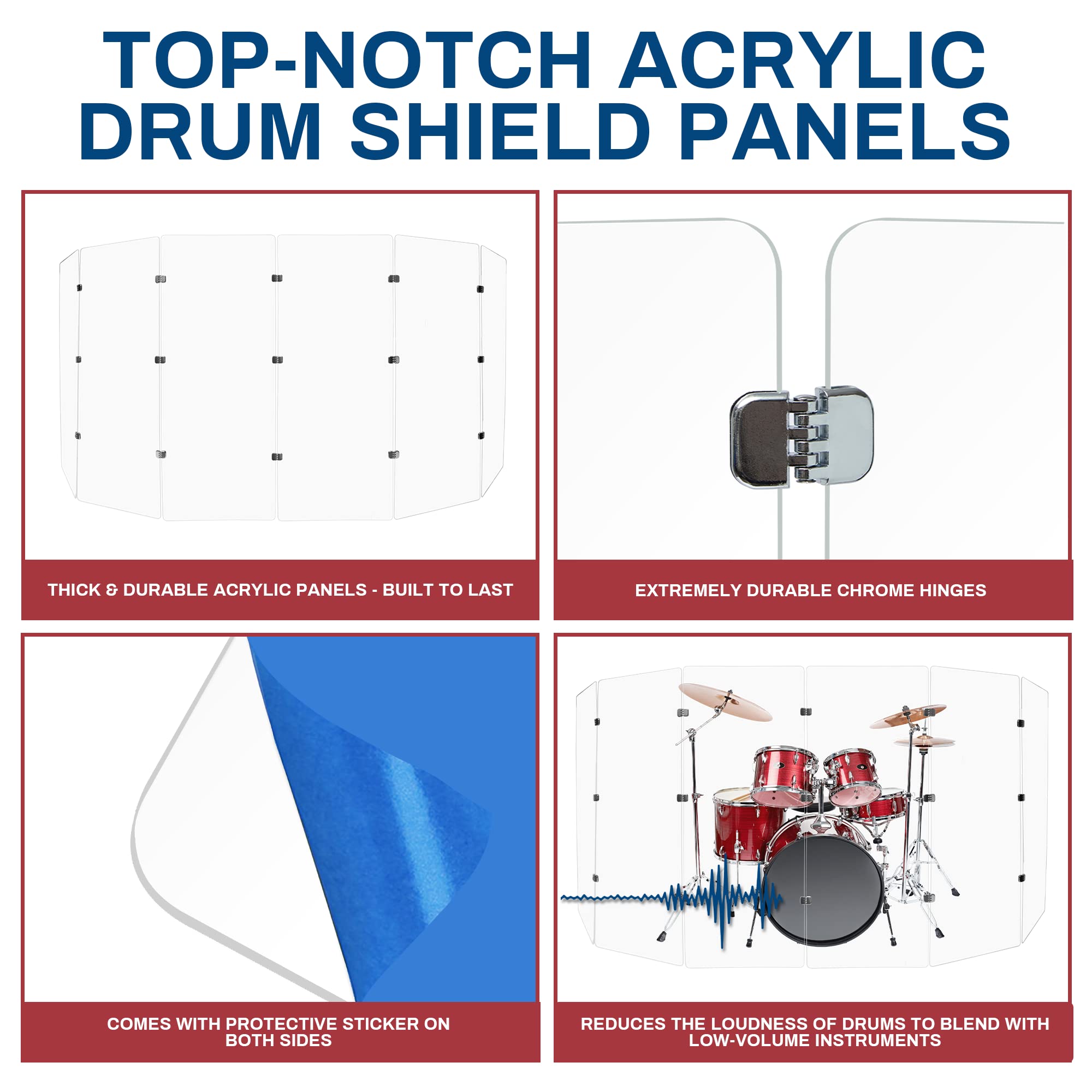 PENNZONI Drum Shield 5ft w/Chrome Hinges, Comes w/ 6 Drum Panels, & Chrome Hinges, Premium Clear Acrylic Panels, Drum Screen