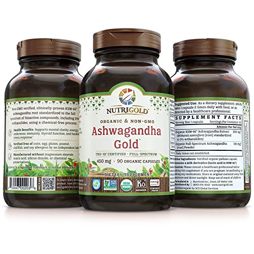 NutriGold Organic Ashwagandha Gold, 500 mg, 90 Plantcaps - Clinically-Proven, Non-GMO, Full-Spectrum Root Standardized Extract Powder Supplement