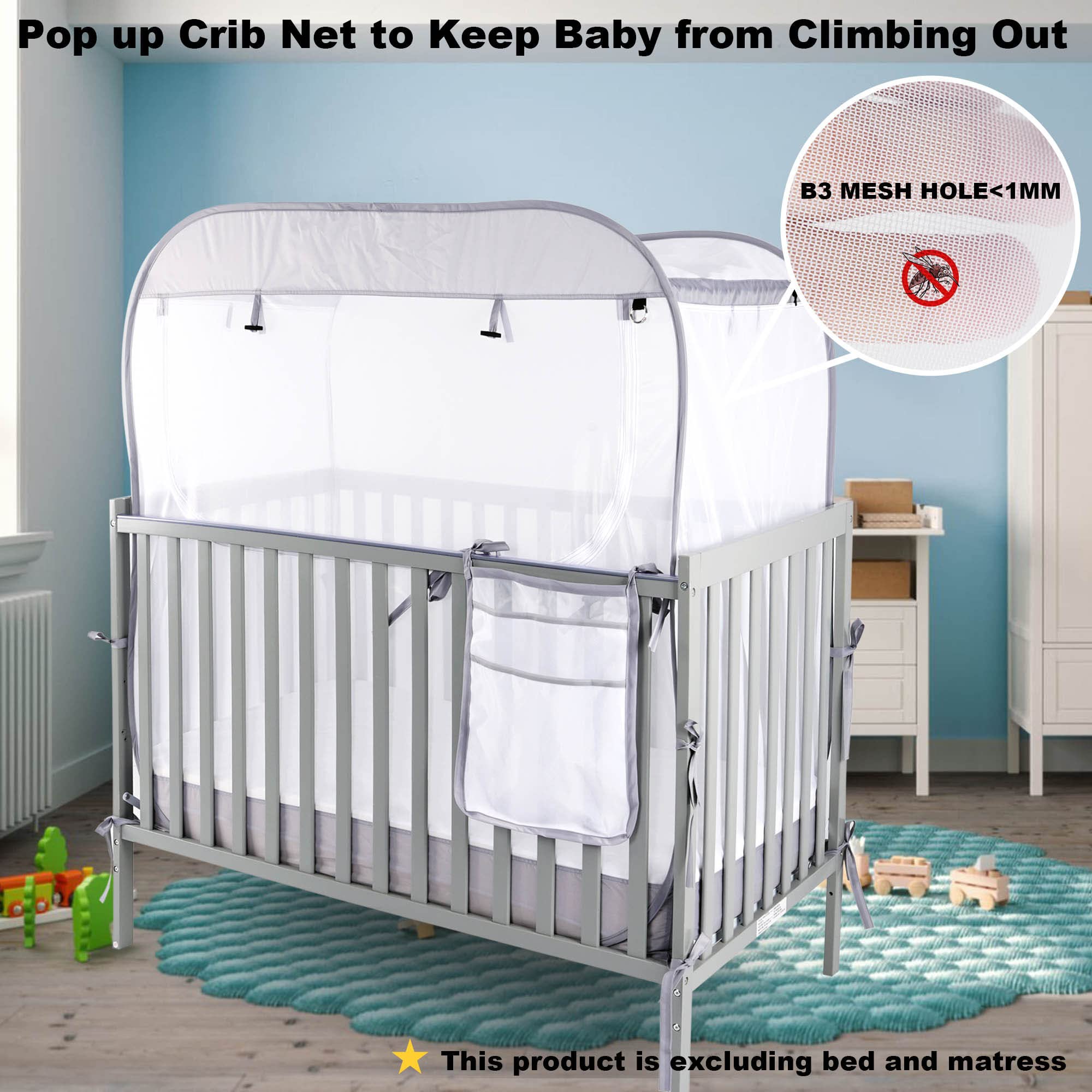 TETINY POP Baby Safety Netting Cover for Crib Pop Up Canopy to Stop Baby from Climbing Out Top Square Frame More Large Room Mosquito Mesh with Storage Bag and Carry Bag