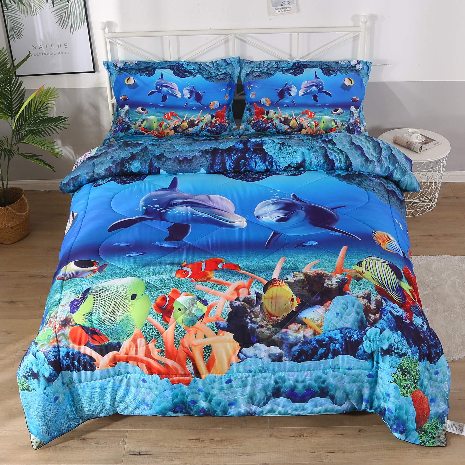Qucover Dolphin Comforter Set Twin Size 3-Piece Blue Ocean Sea Animall Tropical Fish Comforter Set with 2 Pillowcases for Teen Boys, Twin 59x79 Inches