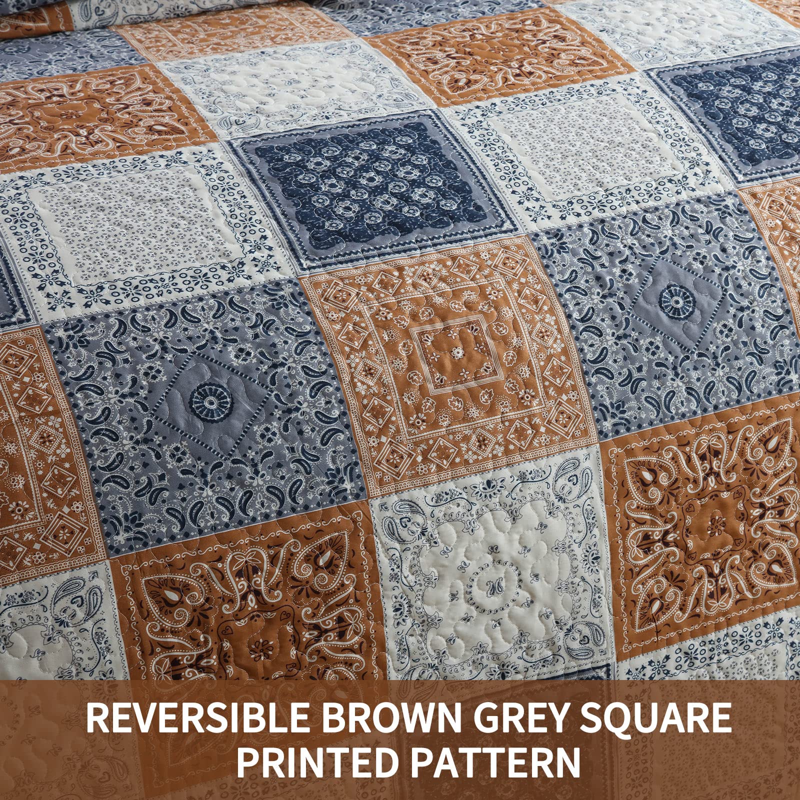 Qucover Quilts Queen Size 3-Piece Microfiber Polyester Reversible Brown Grey and Blue Patchwork Quilt with Shams, Lightweight Bedspreads Coverlet for Queen Beds, 90x98 Inch