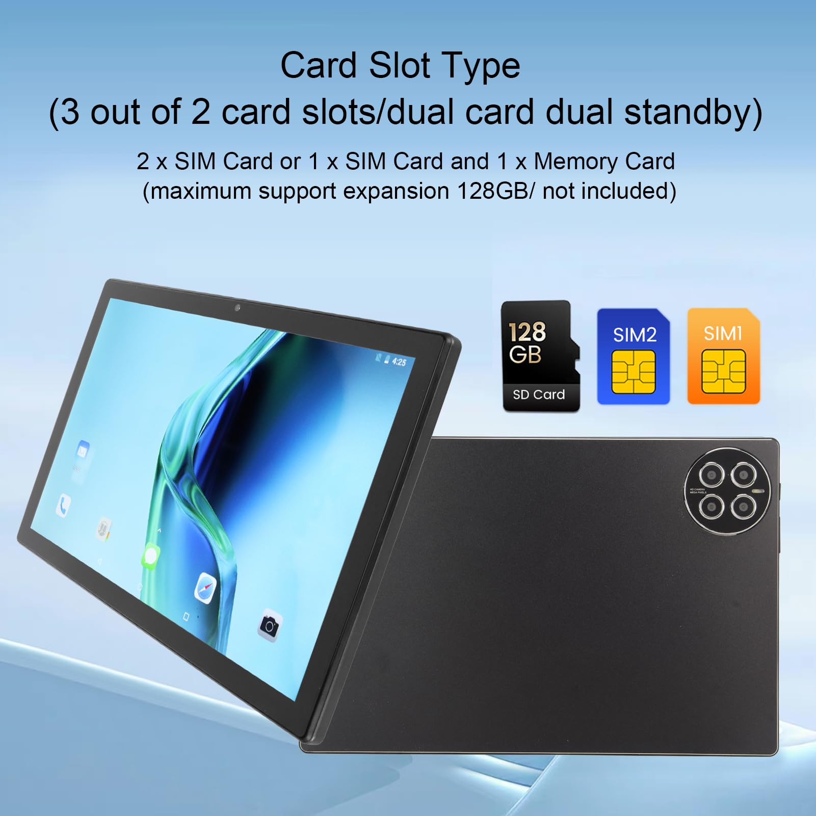 SHYEKYO WiFi Tablet, Smart Tablet 3200X1440 Resolution Front 8MP Rear 13MP Dual SIM Dual Standby 5G WiFi 10.1 Inch 8GB RAM 128GB ROM for Game for Studying (Black)