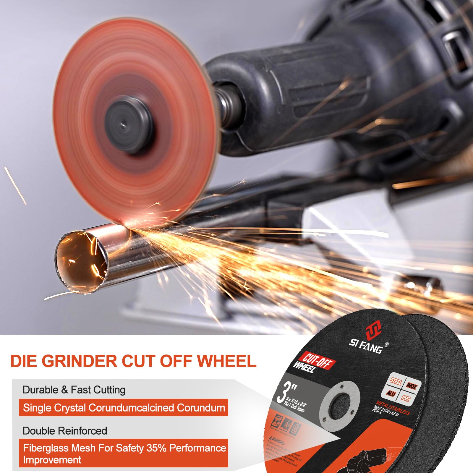 SI FANG 25Pcs 3 inch Cut Off Wheels with 1/4 in Mounting Mandrel Kit for Die Grinder, 3/8" Arbor Cutting Wheel with Pouch for Metal & Stainless Steel Rotary Tool Drill Attachment Cutter Discs