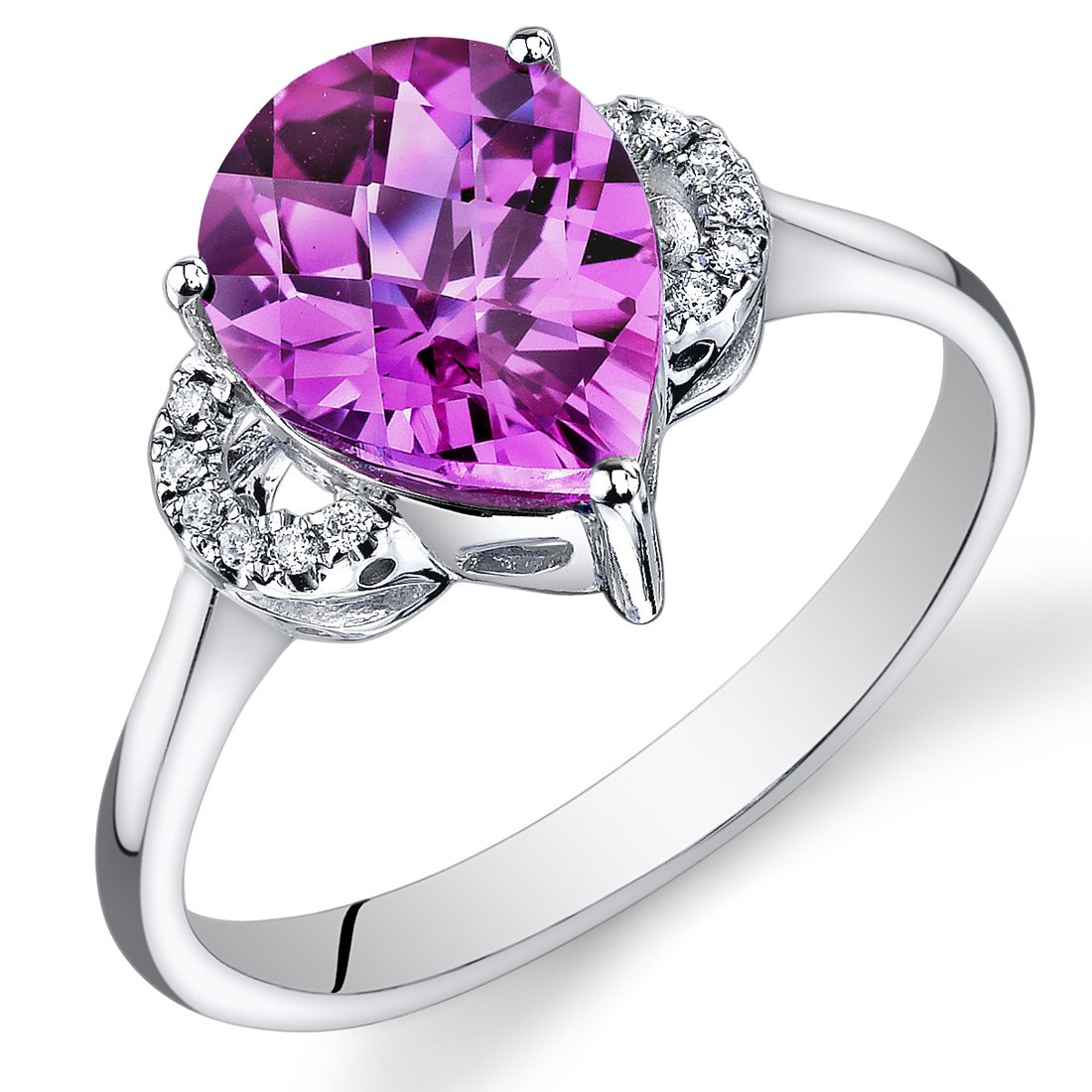 PEORA 14K White Gold 3.05 Carats total Created Pink Sapphire and Genuine Diamond Teardrop Ring for Women, AAA Grade Pear Shape 10x8mm, Comfort Fit