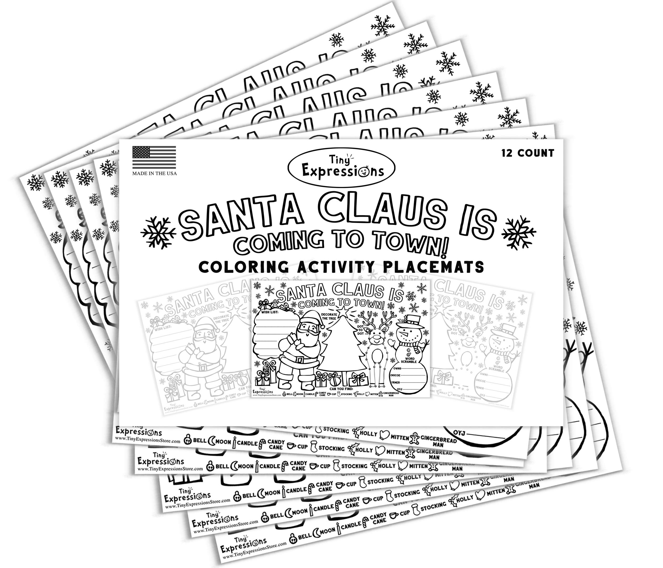 Tiny Expressions β Christmas Santa Placemats for Kids (Pack of 12 Holiday Placemats) | Coloring Activity Paper Mats for Kids Table | Disposable Bulk Bundle Set