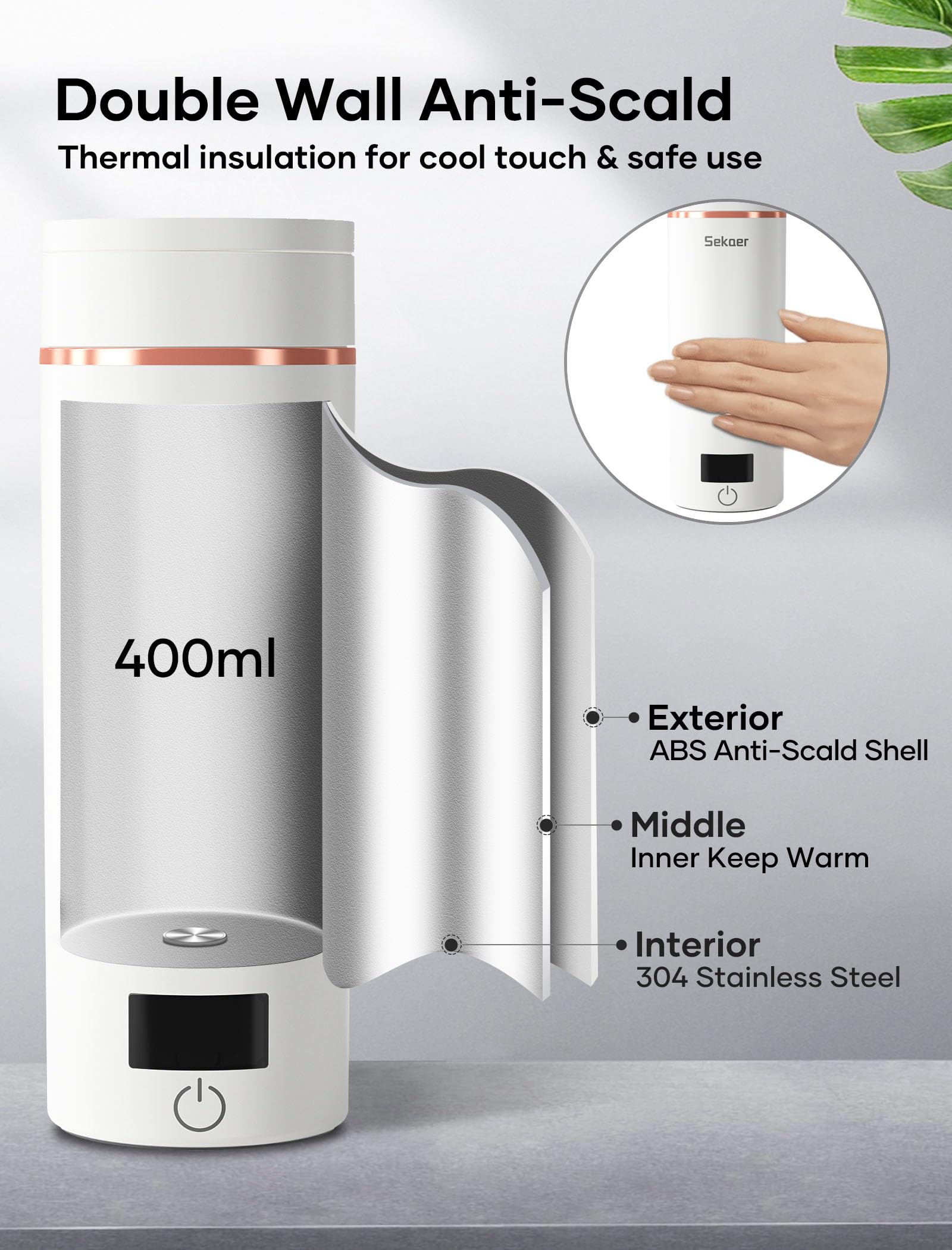 Sekaer Travel Portable Electric Kettle, Small Tea Kettle Coffee Mini Hot Water Boiler, 400mL & 304 Stainless Steel, with 4 Variable Presets and Auto Shut-Off SKE-840W