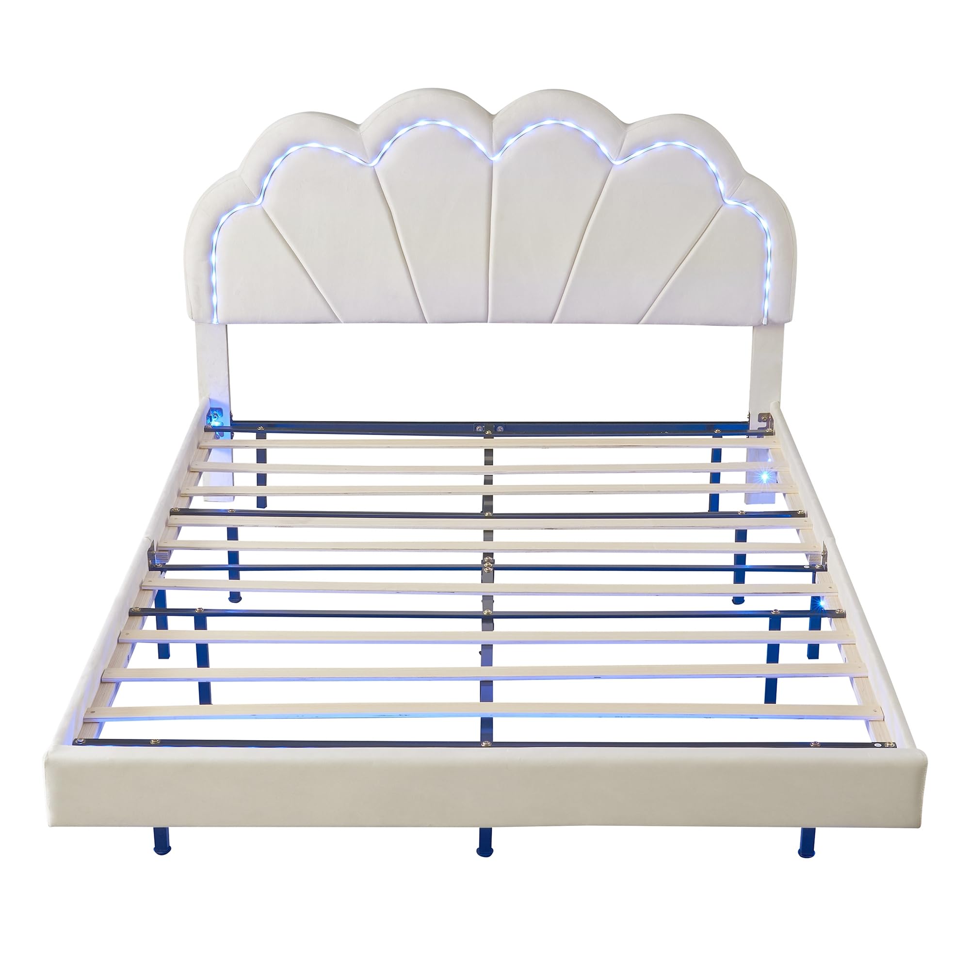 Queen Bed with Storage and LED Lights, Modern Upholstered Platform Beds with 4 Storage Drawer, LED Bed Frame with Tufted Headboard and Slats Support, No Spring Box Needed, Queen Size, Linen Gray
