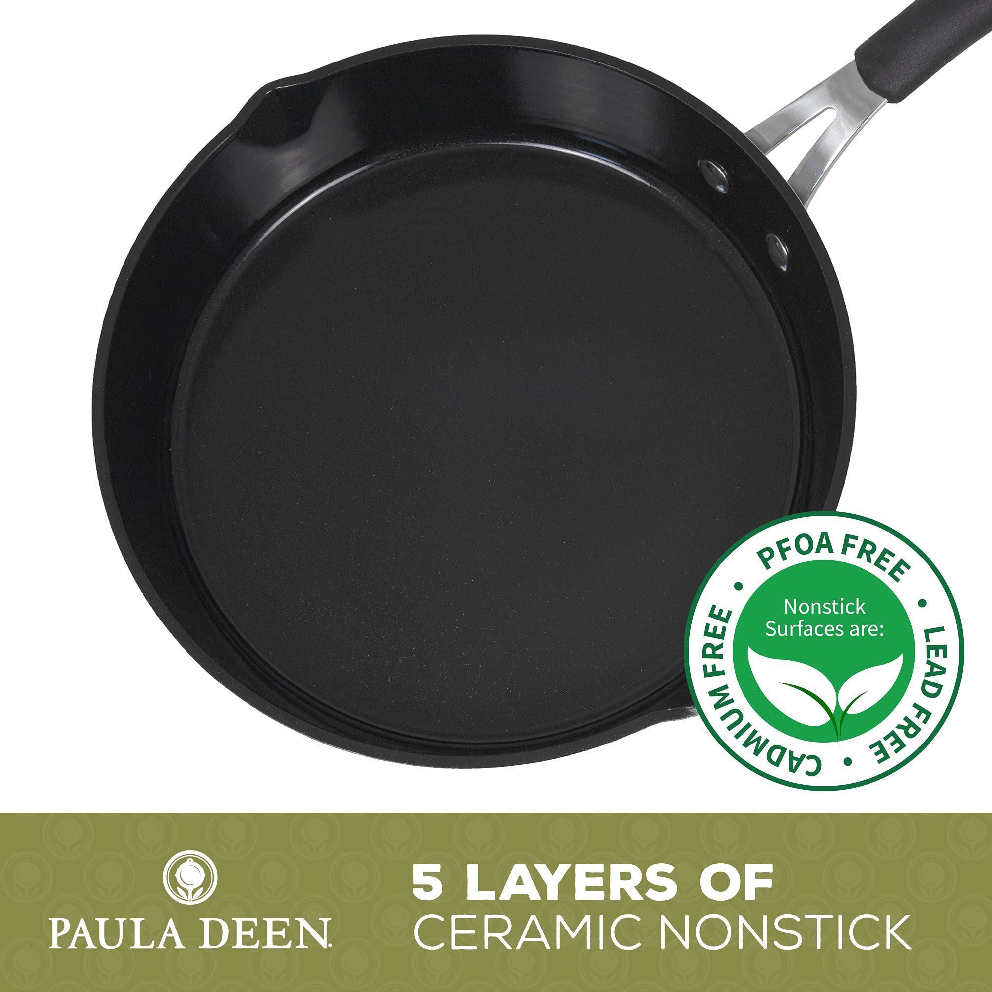 Paula Deen Family 14-Piece Ceramic, Non-Stick Cookware Set, 100% PFOA-Free and Induction Ready, Features Stay-Cool Handles, Dual Pour Spouts and Kitchen Tools (Sea Glass)