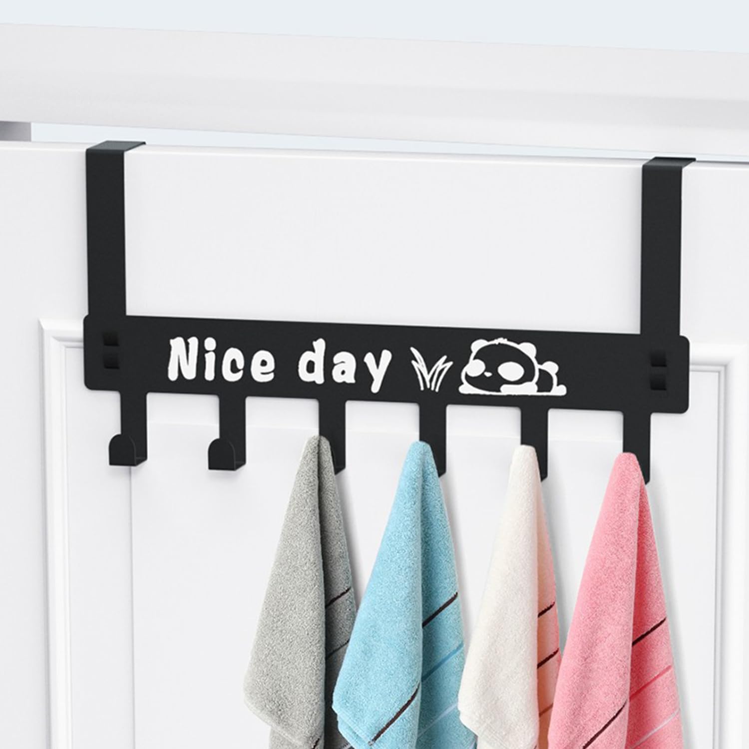 pekox Over The Door Hook with 6 Hooks for Towels, Clothes, and Bathroom Black Door Hanger and Towel Rack, Space Saving Coat Hanger Rack (Black 2)