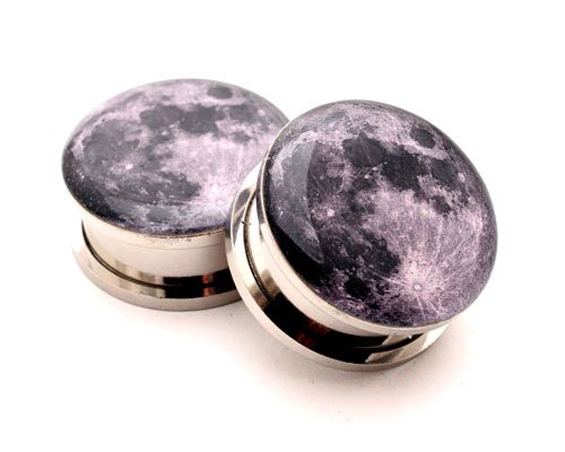 Mystic Metals Body Jewelry Screw on Plugs - Full Moon Picture Plugs - 4g - 5mm - Sold As a Pair