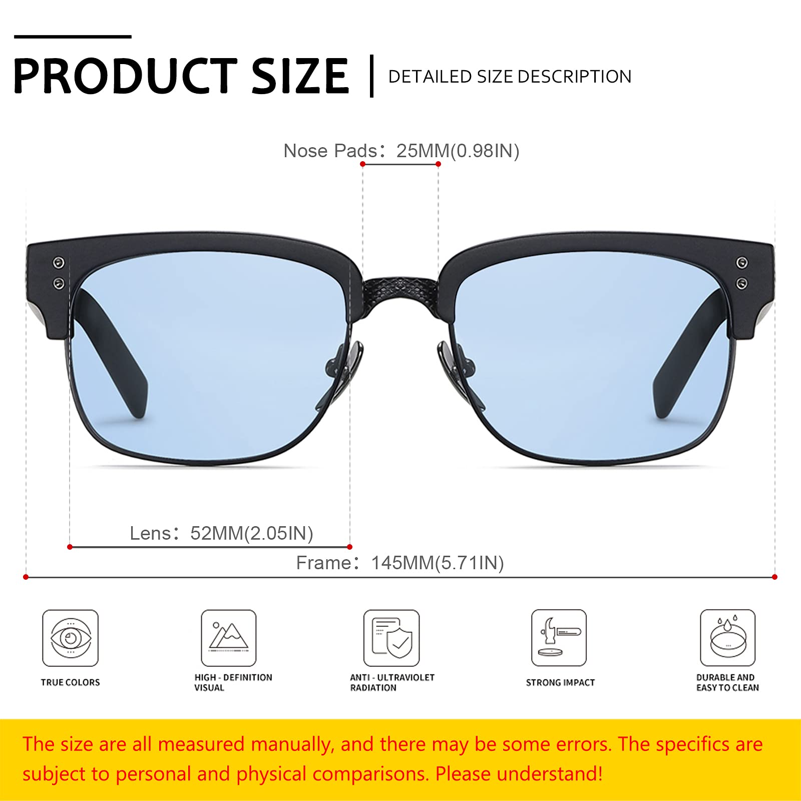 Retro Tony Stark Sunglasses for Men Women Browline Beckham Semi-Rimless Glasses Vintage Blue Black Lens