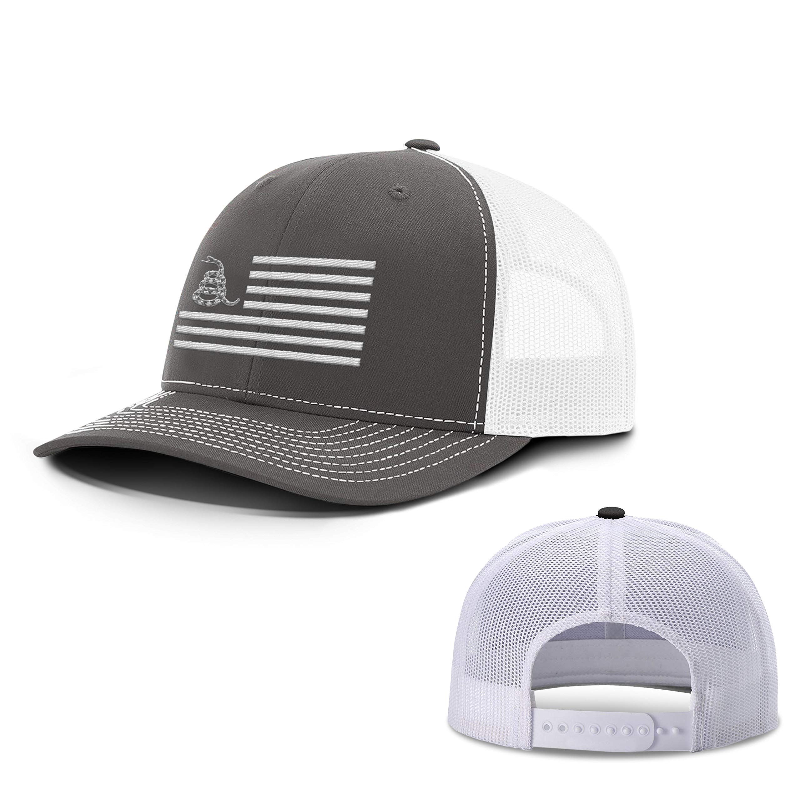 Printed Kicks Don’t Tread On Me White USA Flag Back Mesh Hat DTOM Gadsden Flag Cap Snake (Charcoal Front/White Mesh)
