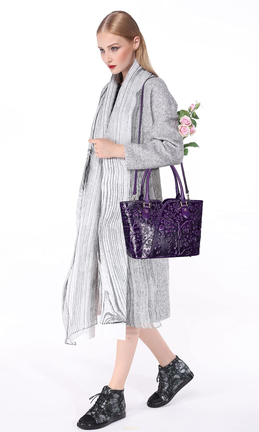 PIJUSHI Designer Genuine Leather Floral Top Handle Satchel Handbags Bundle with Floral Wristlet Wallet with Tassel