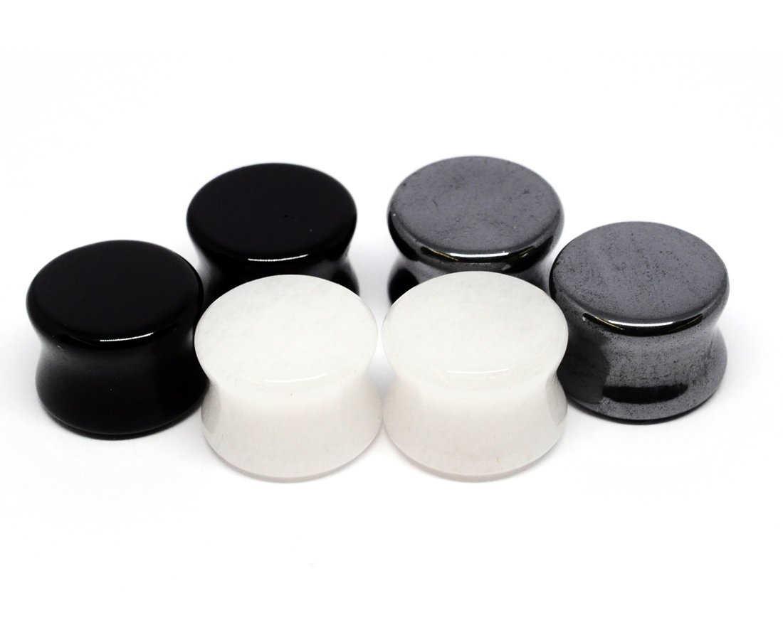 Mystic Metals Body Jewelry Set of 3 Pairs Stone Plugs - 7/16" - 11mm - (Black Agate, White Jade, Hematite) - Sold As a Pair