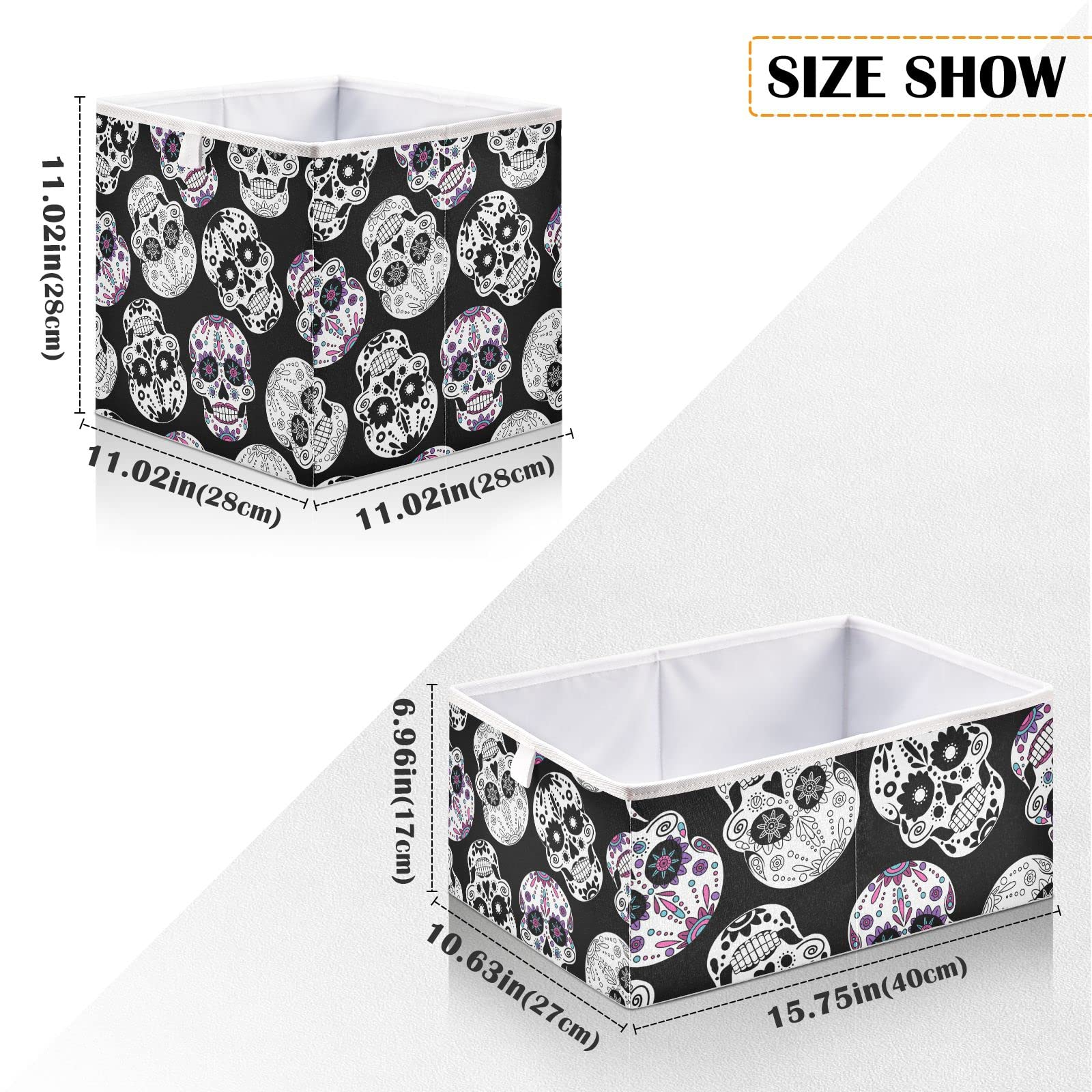 Sugar Skulls Flowers Basket Cube Storage Bins Fabric Storage Baskets Collapsible Decorative Storage Box with Handles Organizer Bag for Shelf Closet Toy Gift 15 x 11 x 7