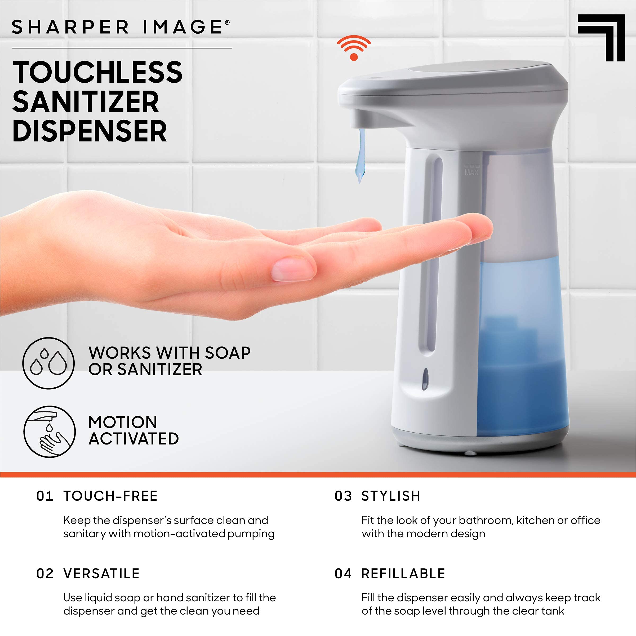 SHARPER IMAGE Touchless Soap Dispenser, Motion Activated Pump for Soap and Hand Sanitizer, Adjustable Dispensing Volume, Battery Operated Hands Free