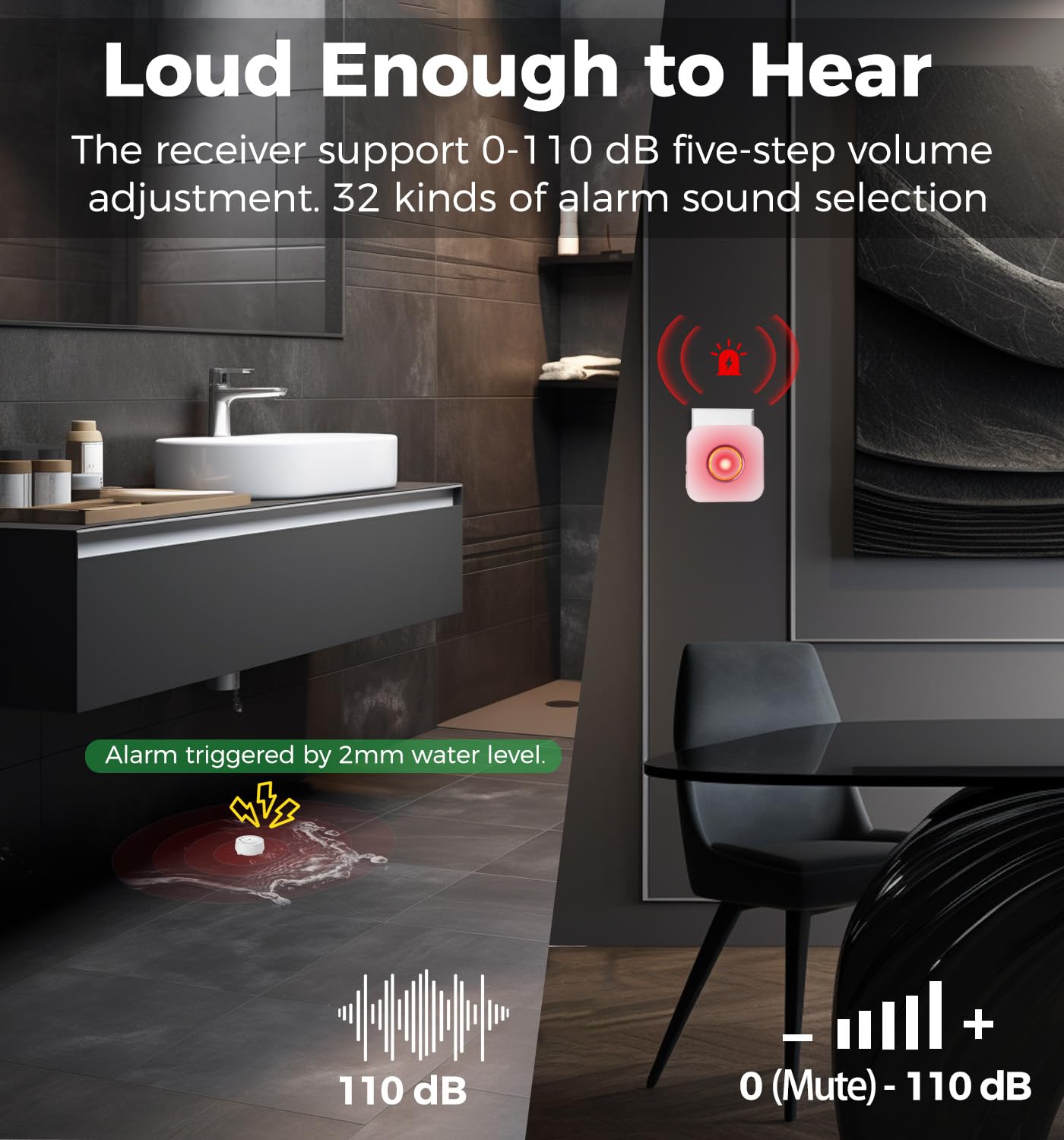 Smart Water Leak Detector,WiFi Water Sensor Alarm,110dB Adjustable Audio Alarm,IP65 Waterproof,4 Sensor Probes,32 Ringtones,app Control for Home,Kitchen,Bathroom,Basement