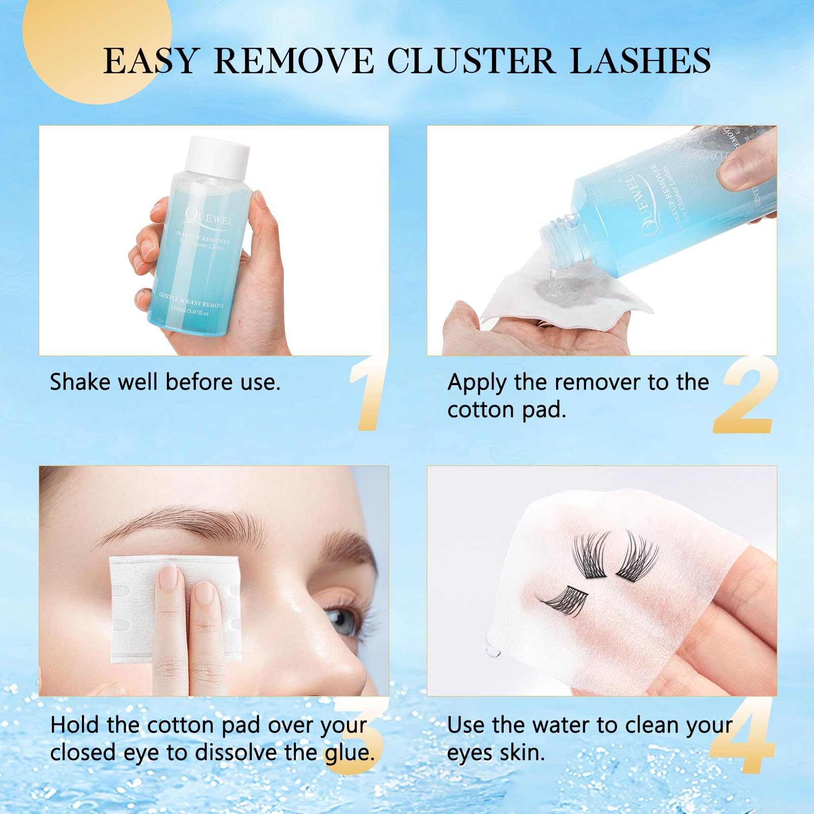 QUEWEL 10ML Lash Clusters Overnight Seal Long-Lasting Mild Formula Cluster Lashes Seal +Lash Clusters Glue Remover 150ml Cluster Lashes Remover for DIY Lash Extensions