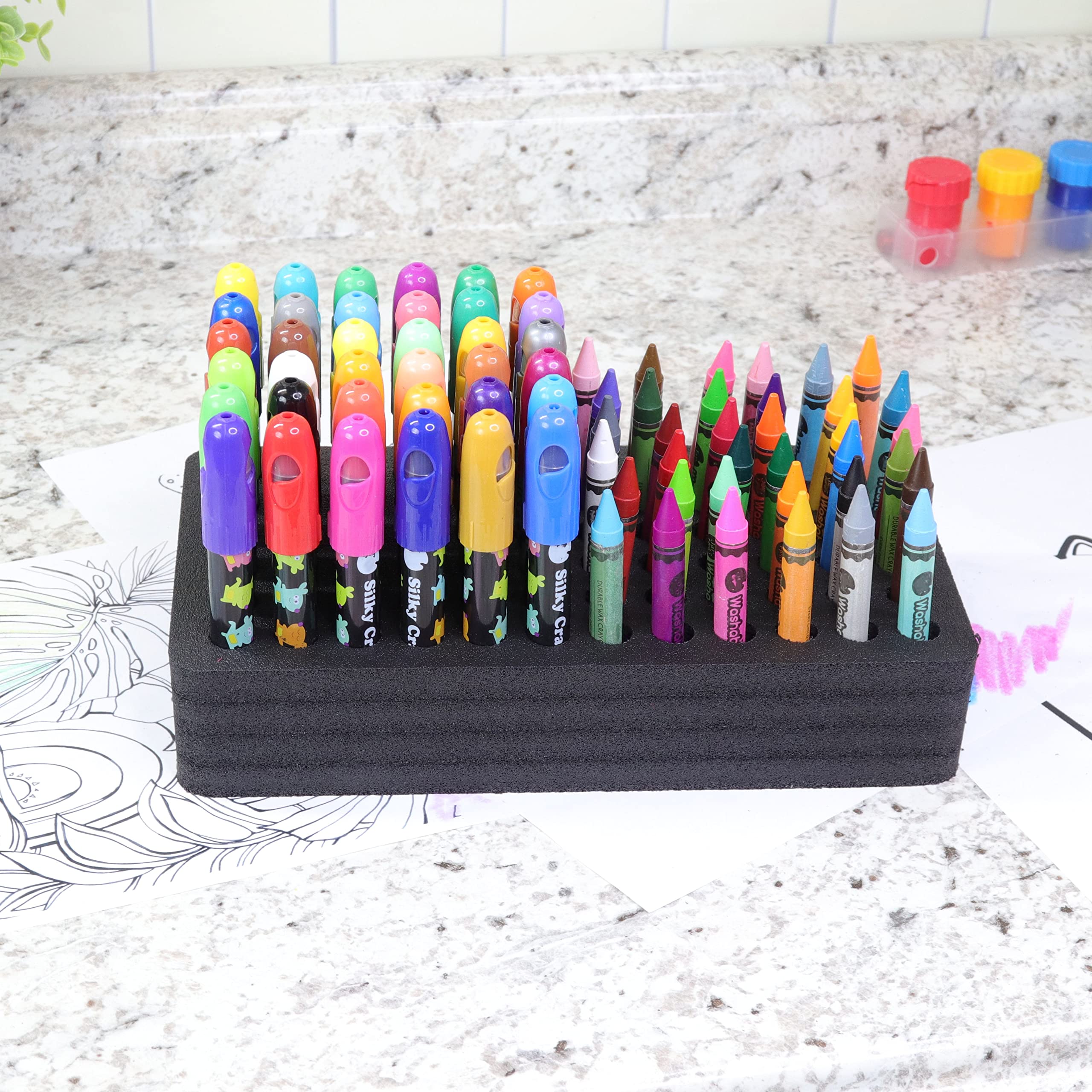Polar Whale Jumbo Washable Crayon Desk Stand Organizer Compatible with Jar Melo and Others Design Storage Tray Supply Non-Scratch Non-Rattle Washable Durable Black Foam Holds 72