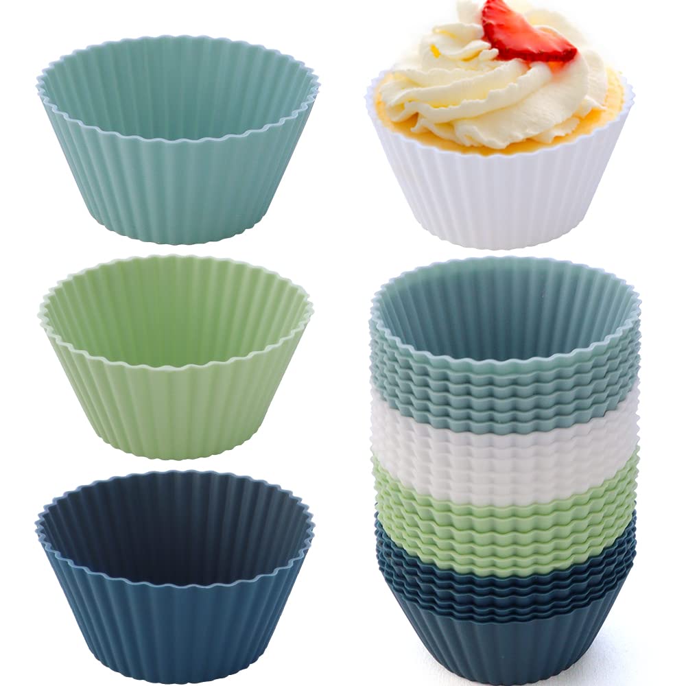 WYBG 24 Pcs Reusable Silicon Muffin Molds Food Grade Silicone Muffin Molders Non-Stick Silicone Cupcake Molds Reusable Cupcake Liners Mini Cake Molds Baking Cups Kitchen Bakeware in 4 Colors