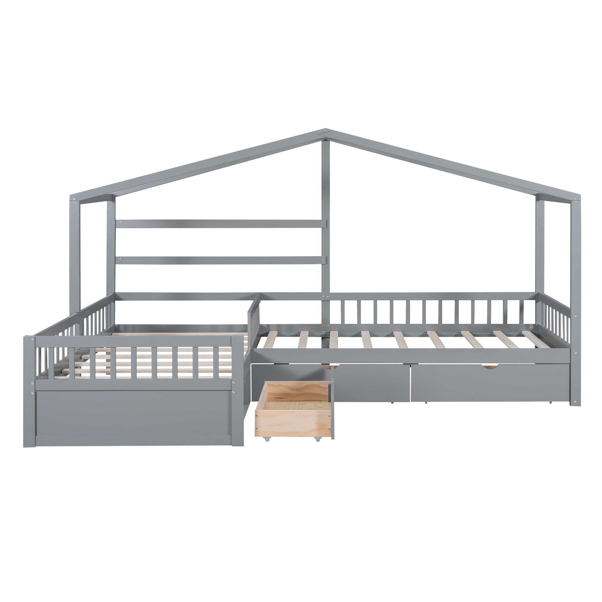 PRNDOLE Twin Size House Platform Bed with 3 Storage Drawers,L Shape Platform Beds for Children,Gray