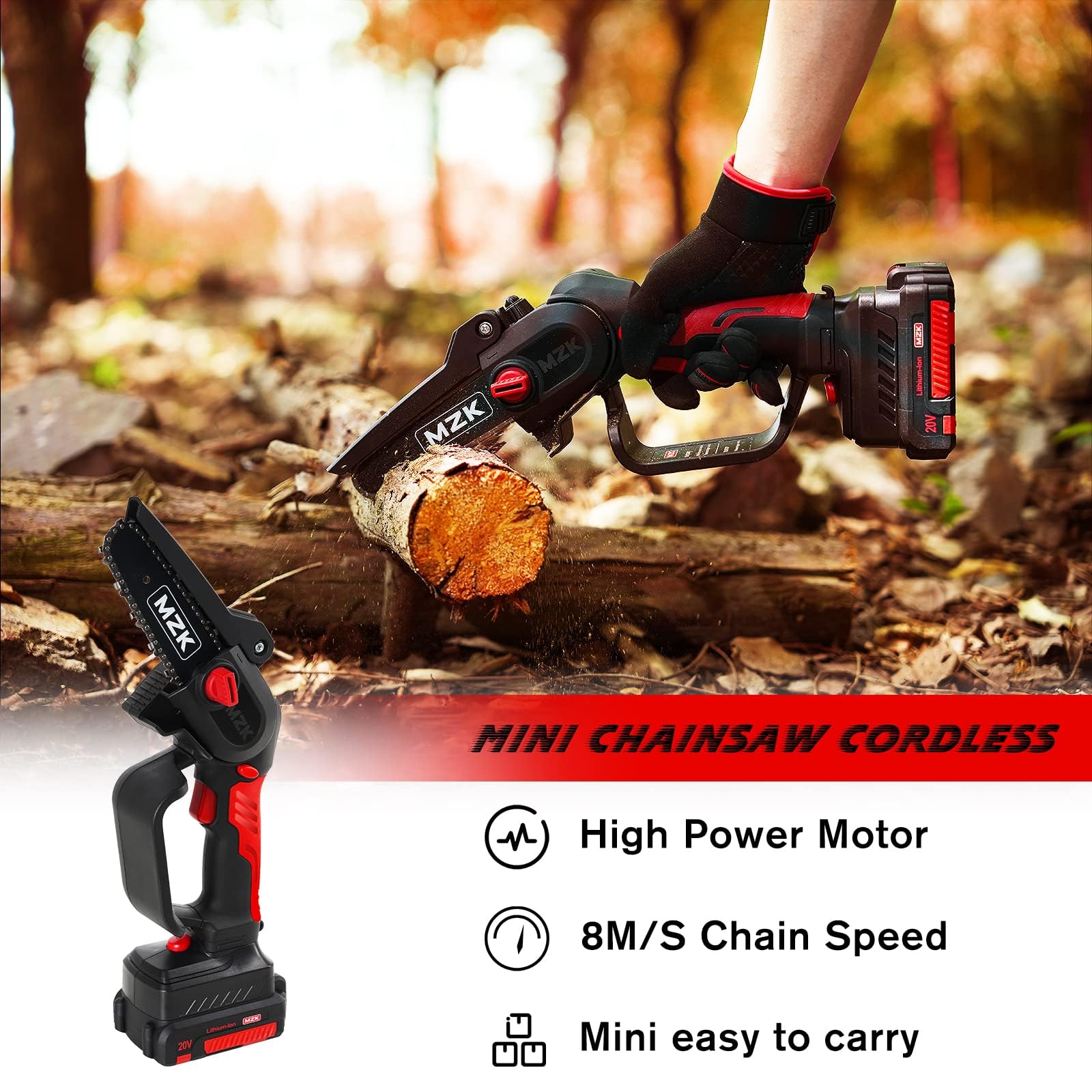 MZK 6 Inch Cordless Mini Chainsaw, 20V 2Ah Battery Chainsaw,Handheld Small Chainsaw with Splash Guard for Tree Branches, Courtyard and Garden(Battery and Charger Included)