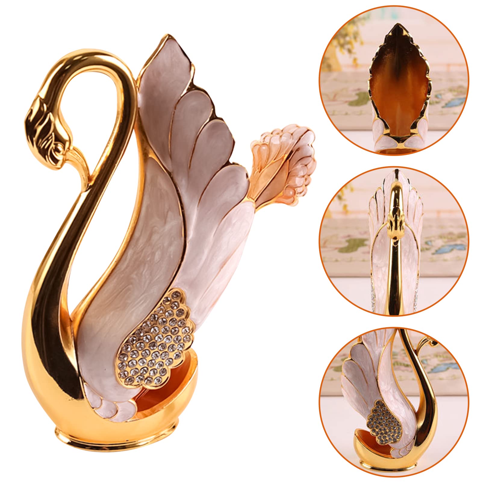 WYYXO Gold Swan Base Holder Spoons Set Elegant Swan Spoon Holder Organizer Decorative Swan Flatware for Dessert Coffee Ice Cream Cake (1 Swan Base Holder 6 Spoons)