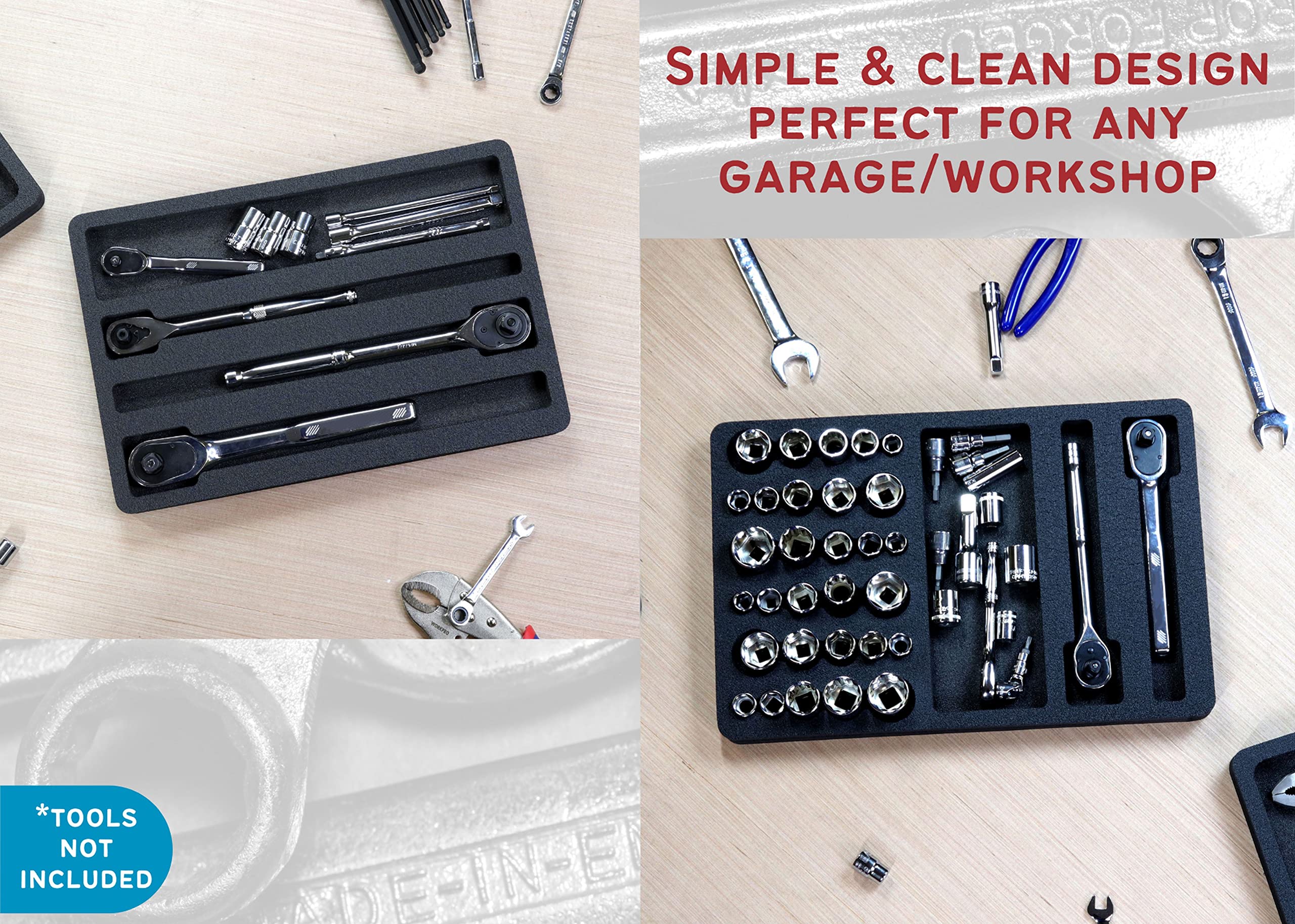 Polar Whale Tool Drawer Organizer 4-Piece Ratchet and Socket Insert Set Black Durable Foam Holds Many Tools 15 x 10 Inch Trays Fits Craftsman Husky Kobalt Milwaukee Many Others