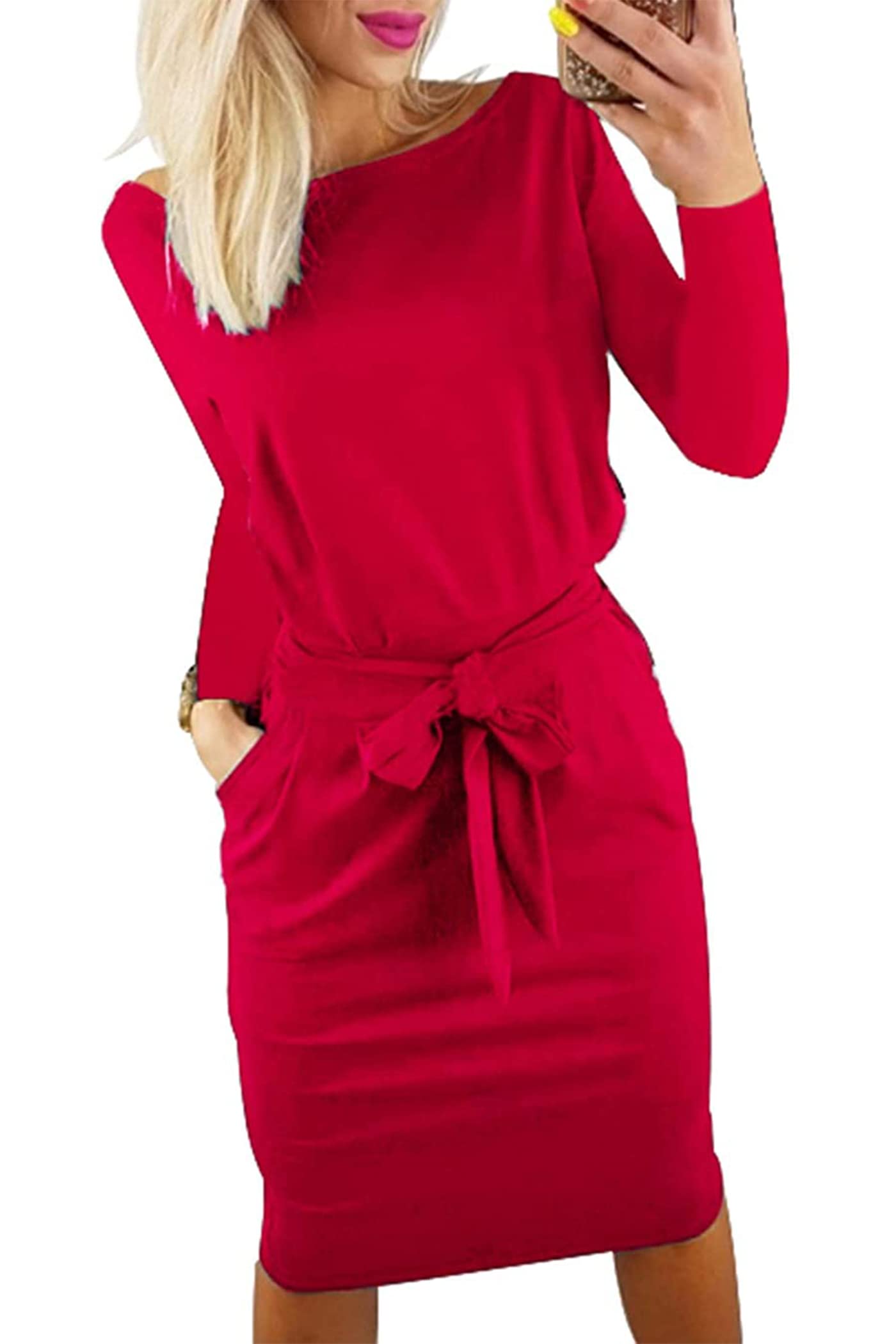 PRETTYGARDEN Women's Fashion Casual Long Sleeve Belted Party Bodycon Sheath Pencil Dress (Red,Large)