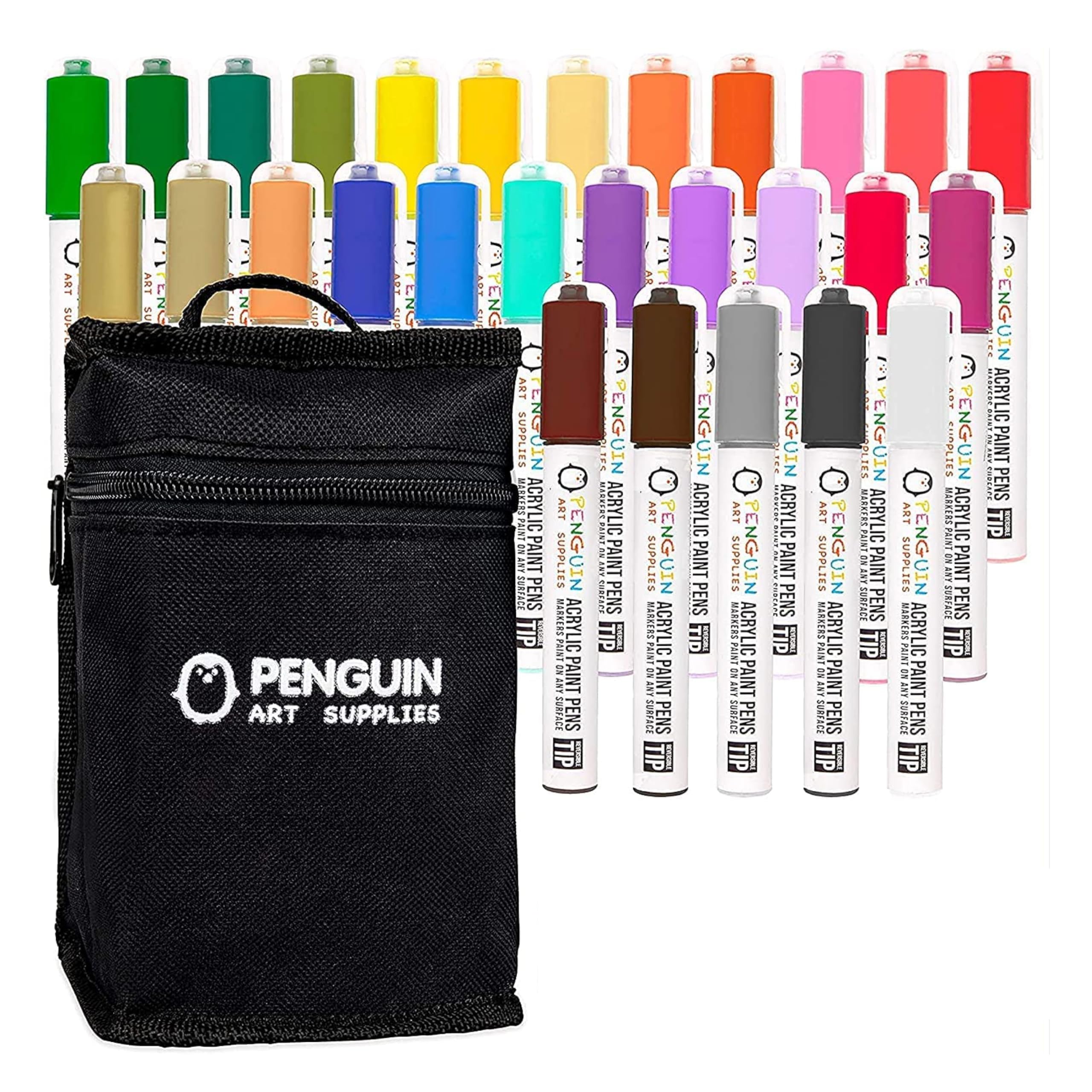 PENGUIN ART SUPPLIES 28 Dual Tip Acrylic Paint Pens: Craft Paint Markers for Painting Wood, Glass, and Halloween Decoration - Non Toxic Reversible Pen with 5mm + 3mm Fine Tip and Zipper Pouch