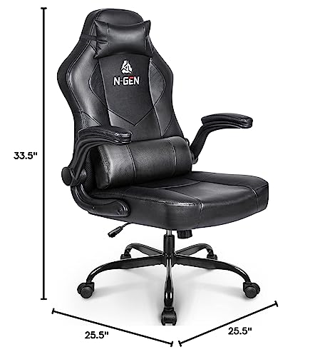 N-GEN Gaming Chair Ergonomic Office PC Desk with Lumbar Support Flip Up Arms Levelled Seat Style Headrest PU Leather Executive High Back Computer for Adults Women Men (4. Black)