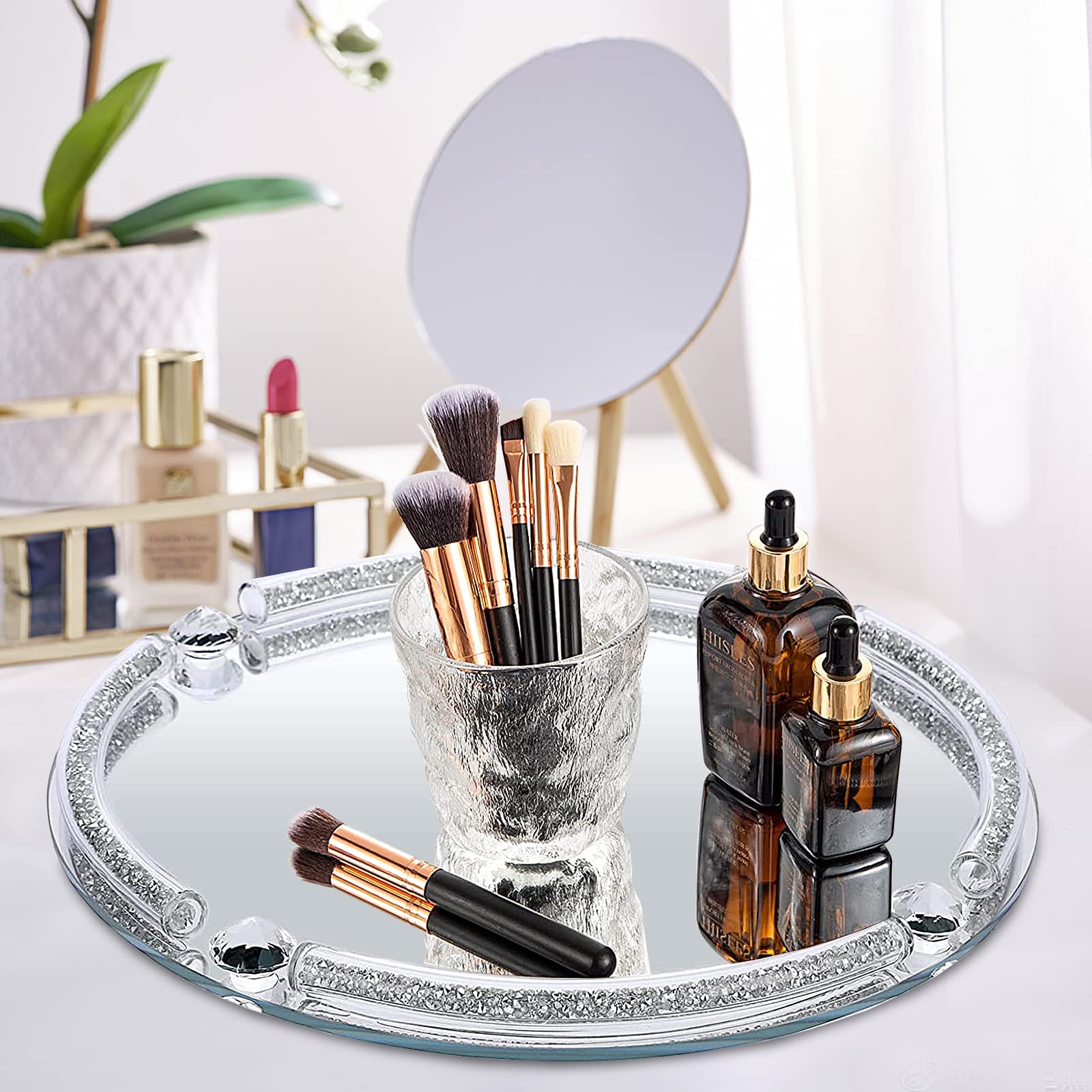 Silver Crushed Diamond Decorative Tray,9.8in Crystal Glass Decorative Tray Round Mirror Tray to Display Perfume,Jewelry, Candles,Shiny Serving Tray for Bathroom,Home Decor