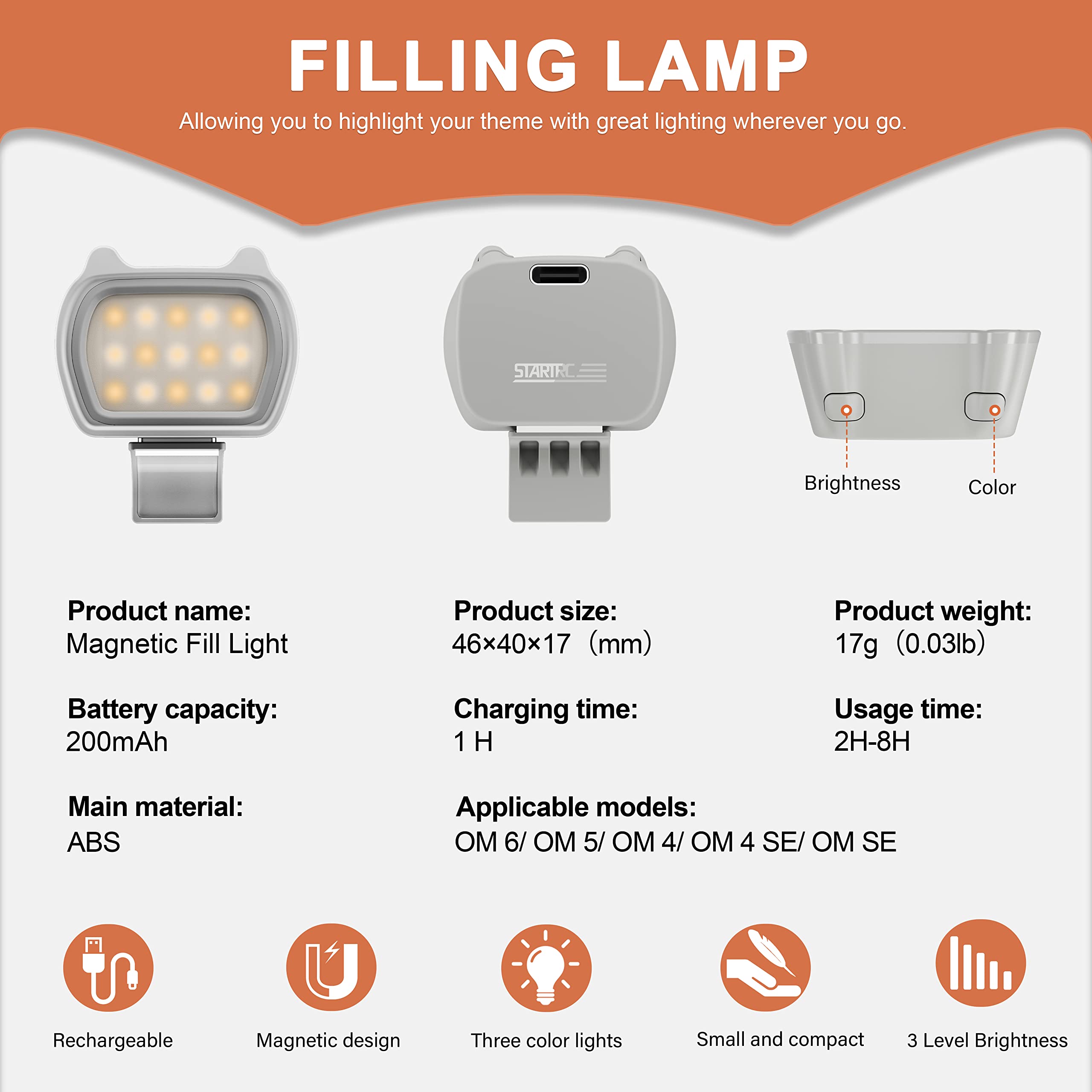 STARTRC OM Fill Light for DJI OSMO Mobile 6/OM 5/OM SE/OM4 SE/Insta360 Flow,Magnetic Fill Light Compatible with DJI Osmo Gimbal Stabilizer Accessories