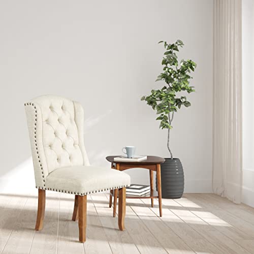 OSP Home Furnishings Jessica Button Tufted Wingback Upholstered Dining Chair with Wood Legs, Linen Fabric
