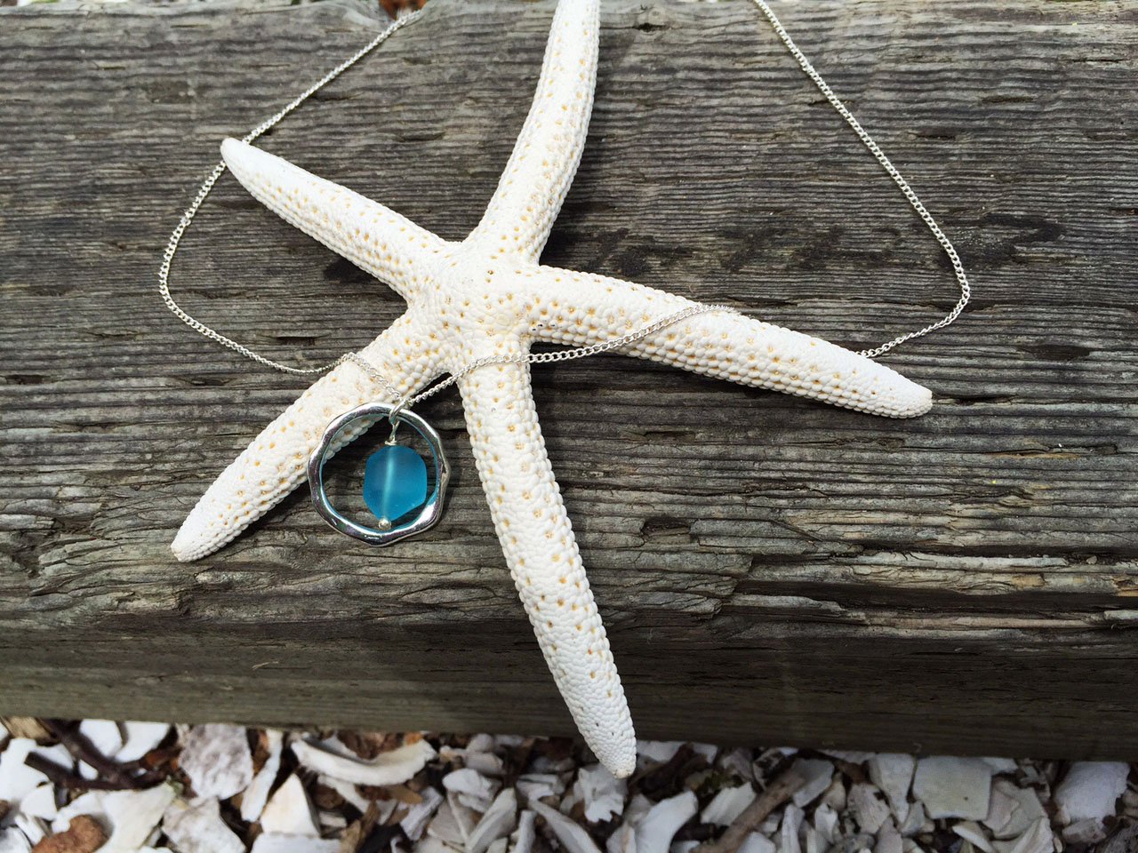 Ocean Waves Sea Glass Pendant Necklace, with sterling silver chain,Handmade Silver Plated Hoop with TumbledTurquoise Sea Glass